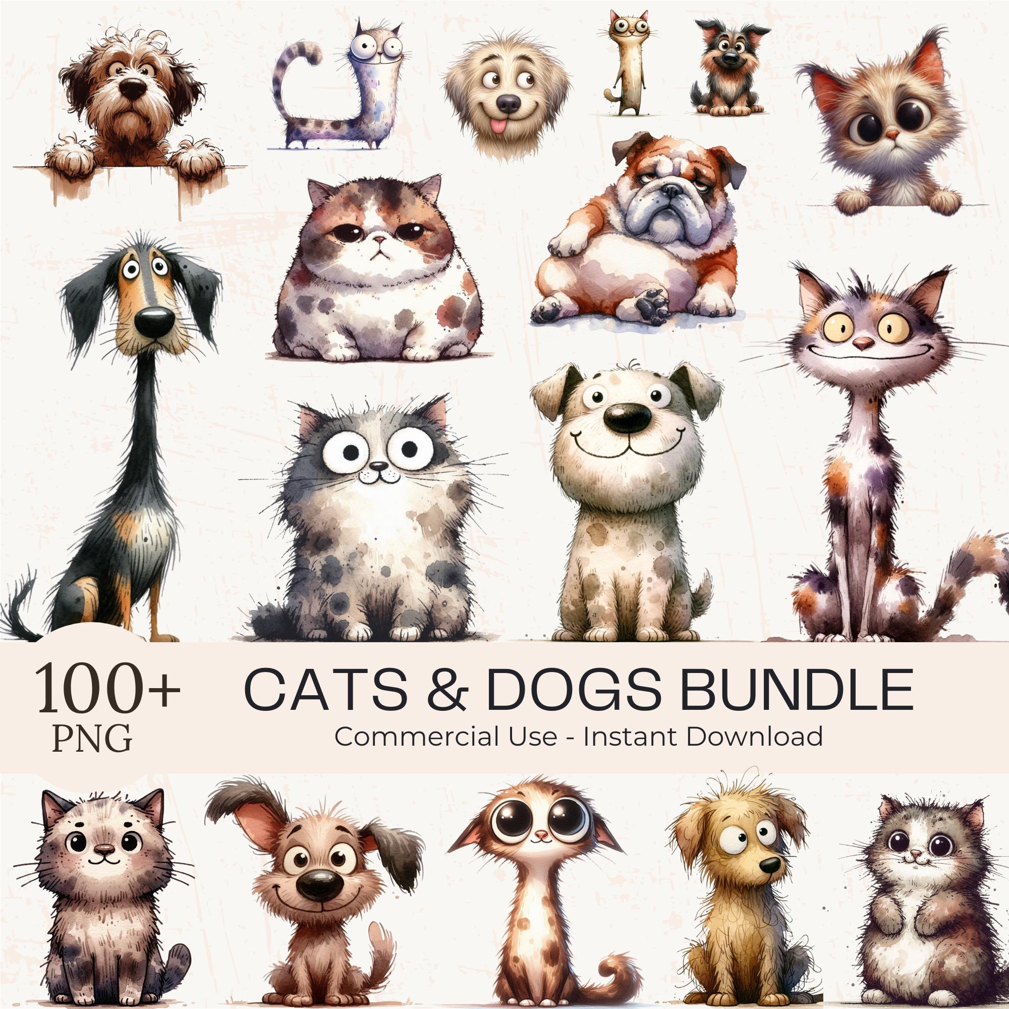Watercolor Cat & Dog Clipart Bundle: 100+ Funny Animal Pngs (digital ...