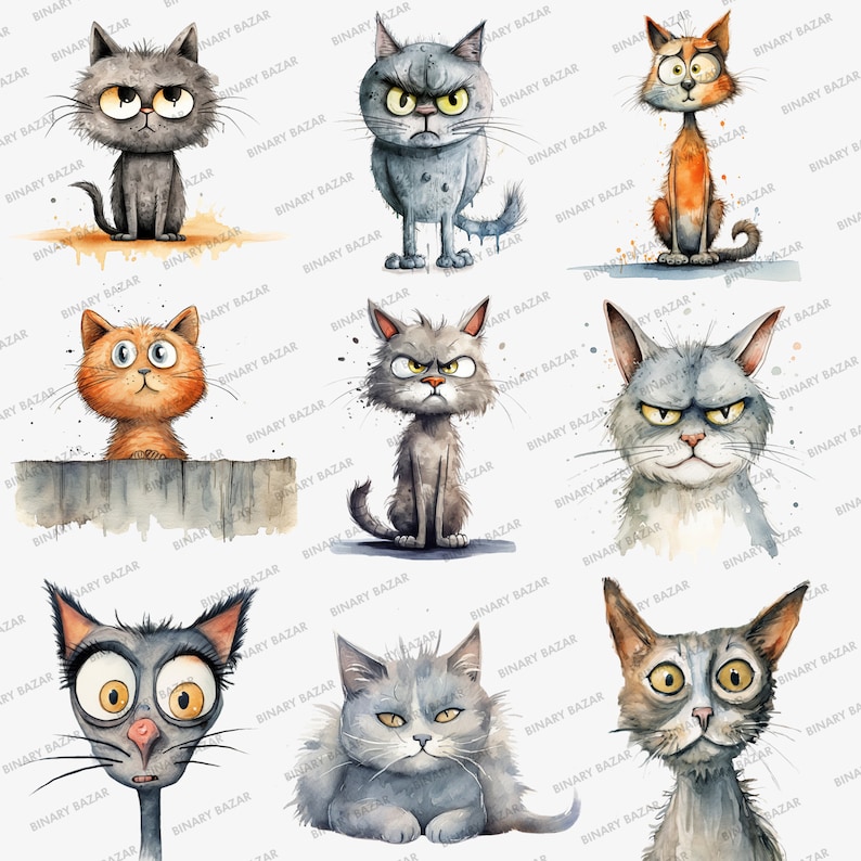 42 Cute and Funny Cats Clipart PNG Bundle Watercolor Quirky Animals ...