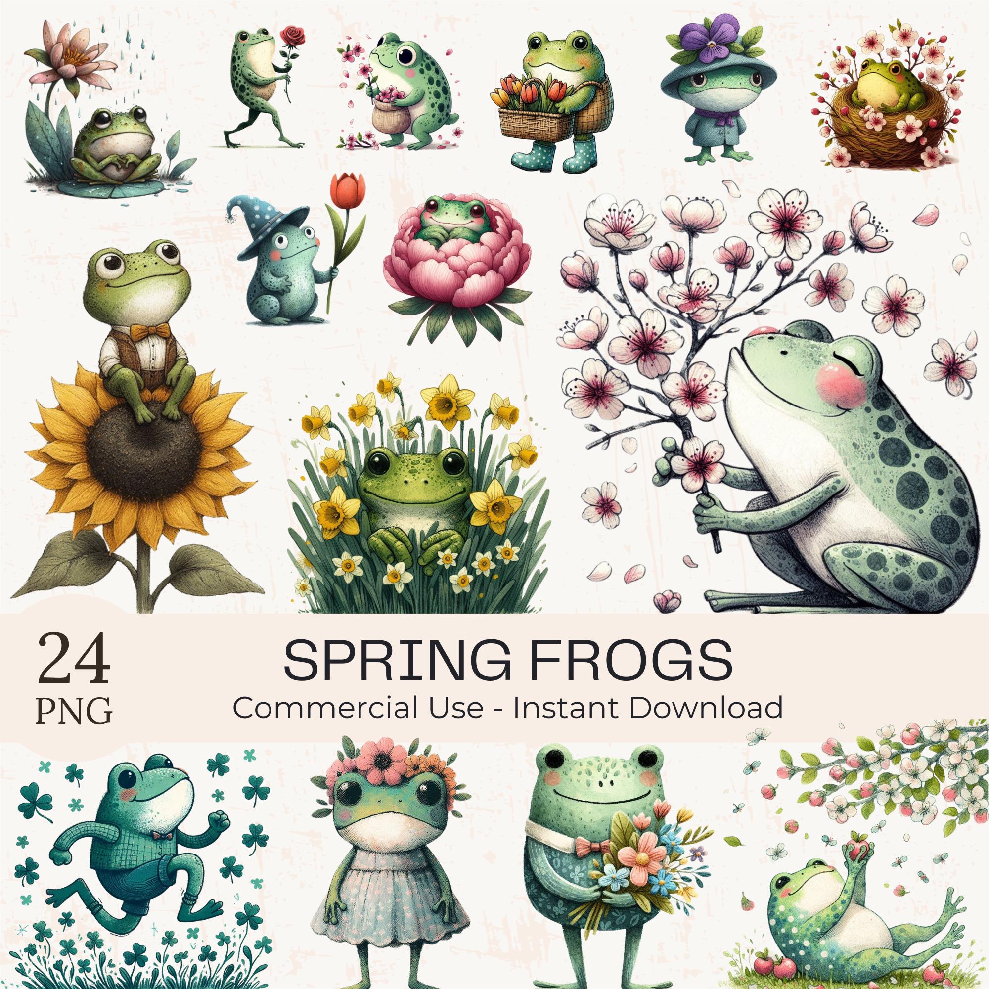 Spring Frog Clipart PNG Bundle: Watercolor Floral Garden Animals ...
