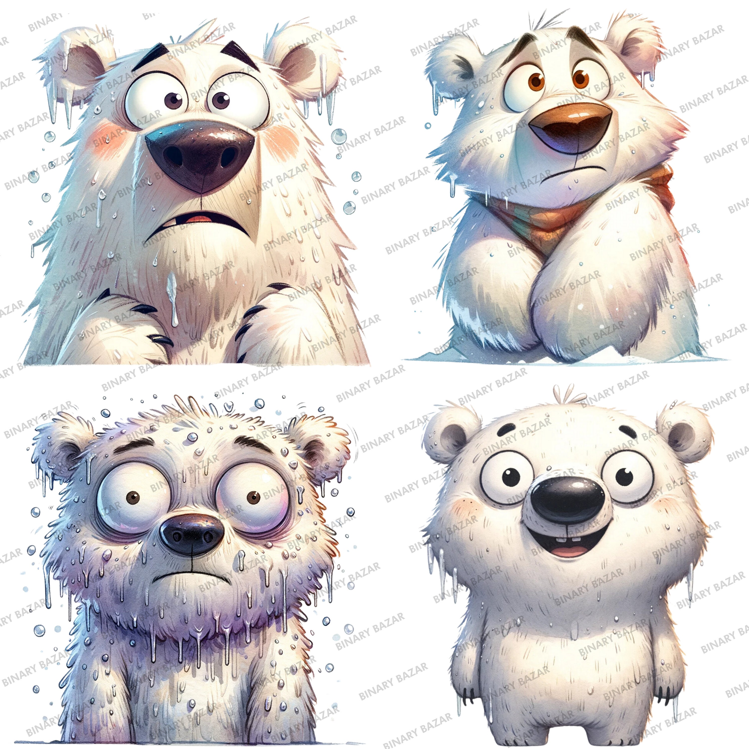 Funny and Cute Cold Polar Bear Clipart PNG Bundle 30 Watercolor Winter ...