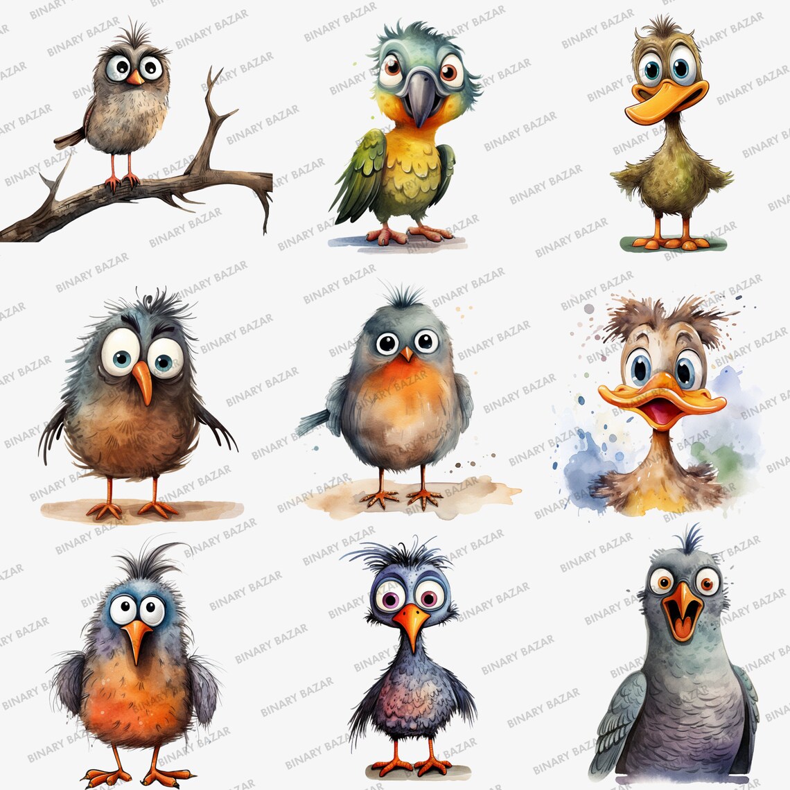 52 Funny and Quirky Birds Clipart PNG Bundle Watercolor Cute Bird Clip ...