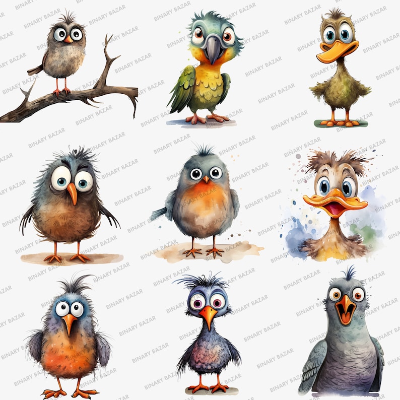 52 Funny and Quirky Birds Clipart PNG Bundle Watercolor Cute Bird Clip ...