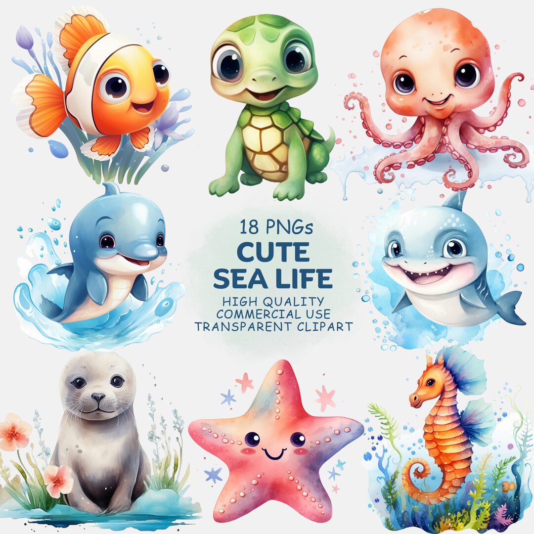 Cute Sea Life Creatures Clipart PNG Bundle - 18 Watercolor Ocean Under ...