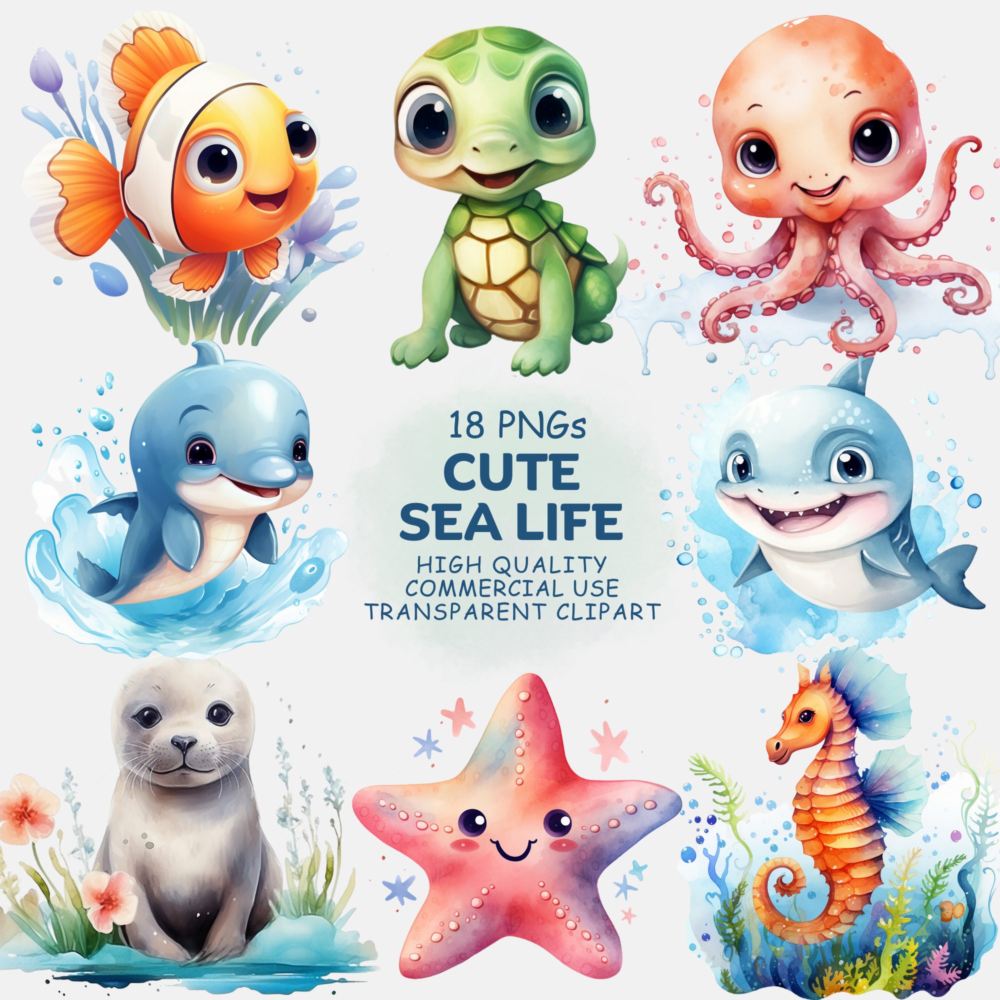 Cute Sea Life Creatures Clipart PNG Bundle 18 Watercolor Ocean Under ...