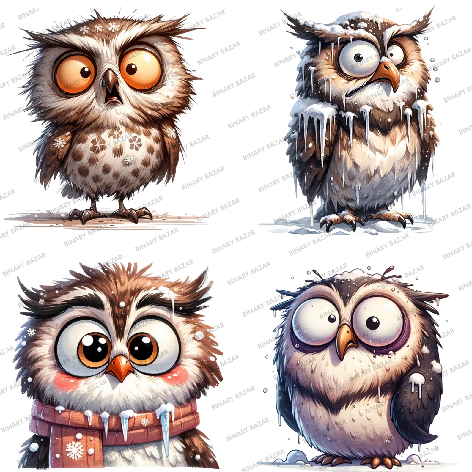Funny and Cute Cold Owl Clipart PNG Bundle 28 Watercolor Winter Owl ...