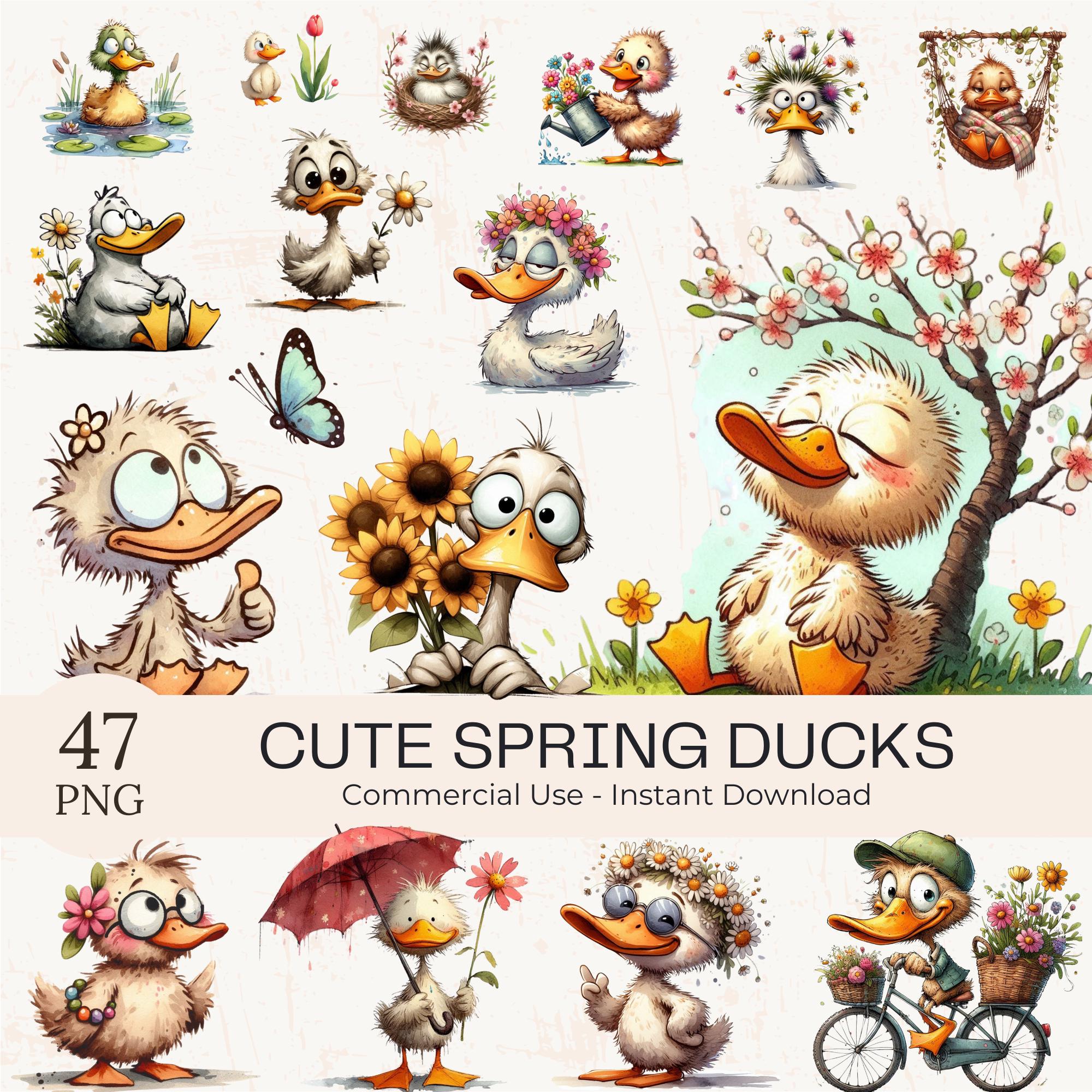 Spring Duck Clipart PNG Bundle: Watercolor Funny Floral Bird Designs ...