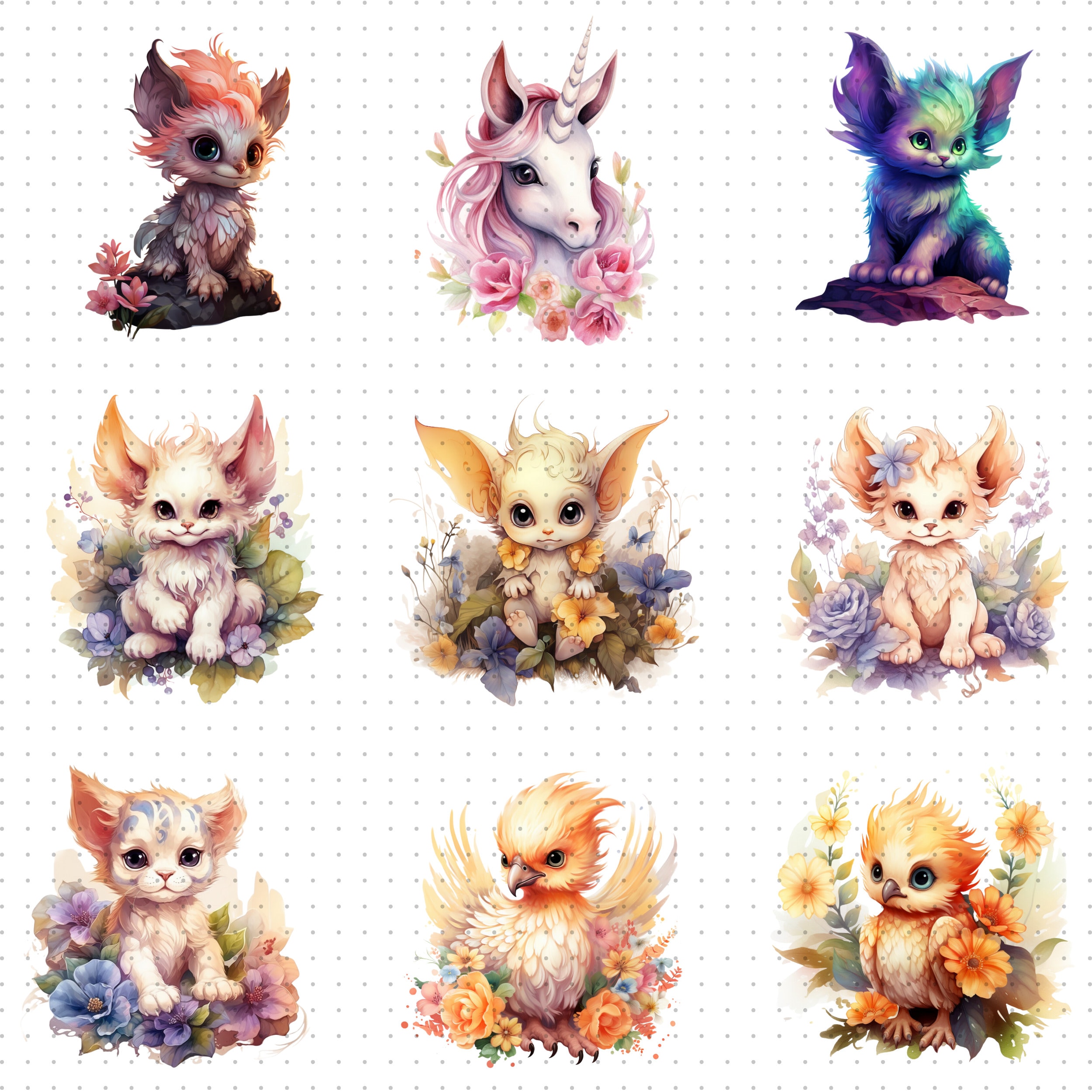 Cute Baby Mythical Creatures With Florals Clipart PNG Bundle 55 ...