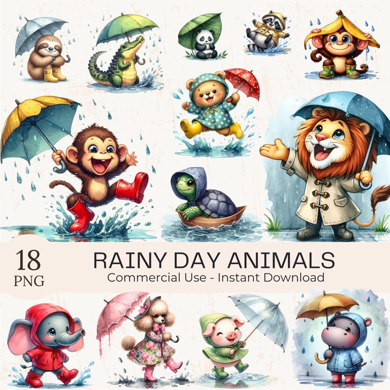 Watercolor Rainy Day Animals PNG Clipart: Funny Illustrations (digital ...