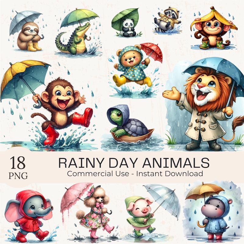 Animal in Rain Clipart - Etsy