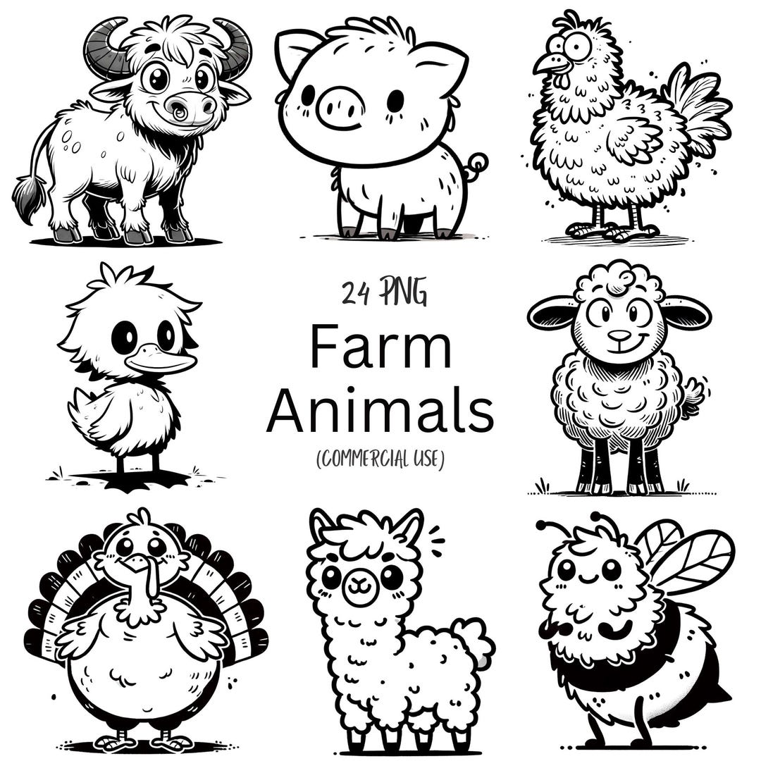 Farm Animals Clipart: Black and White Line Art Doodles (PNG Digital ...