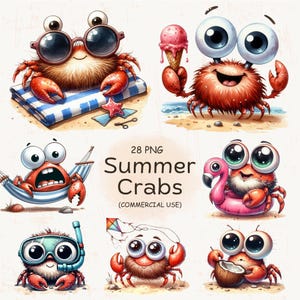 Crab Summer Vacation Clipart Bundle: 28 Watercolor Beach Pngs (digital ...