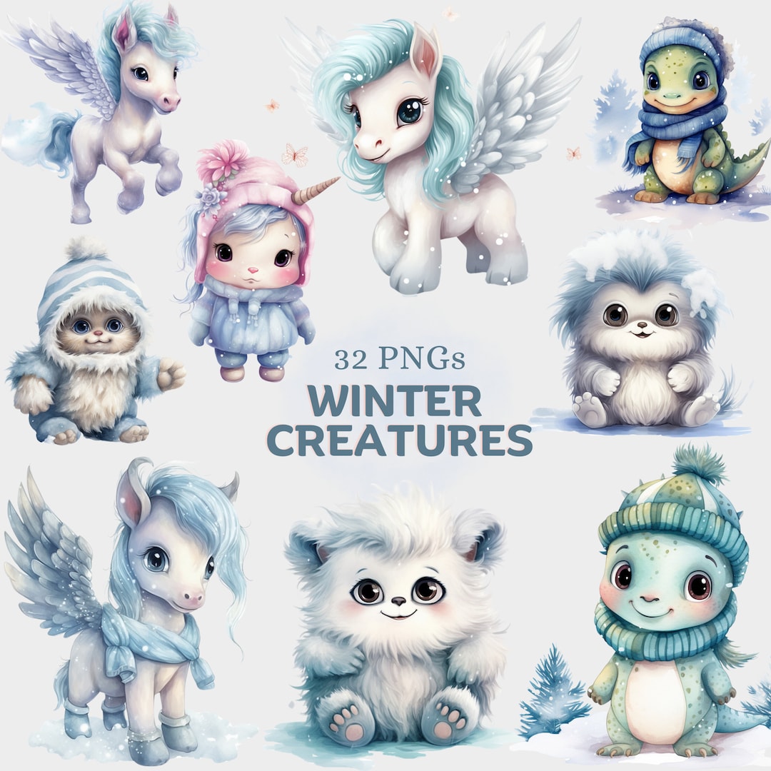 32 Cute Winter Fantasy Creatures Clipart PNG Watercolor Mythical ...