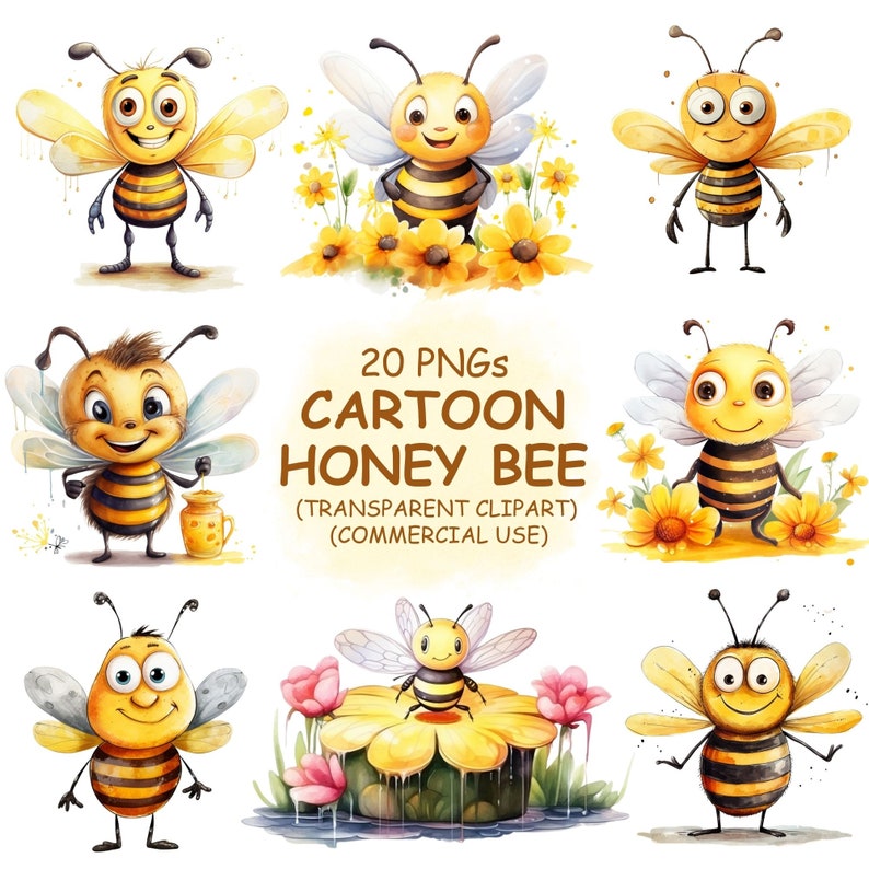 Funny and Cute Cartoon Honey Bee Clipart PNG Bundle 20 Watercolor Bee ...