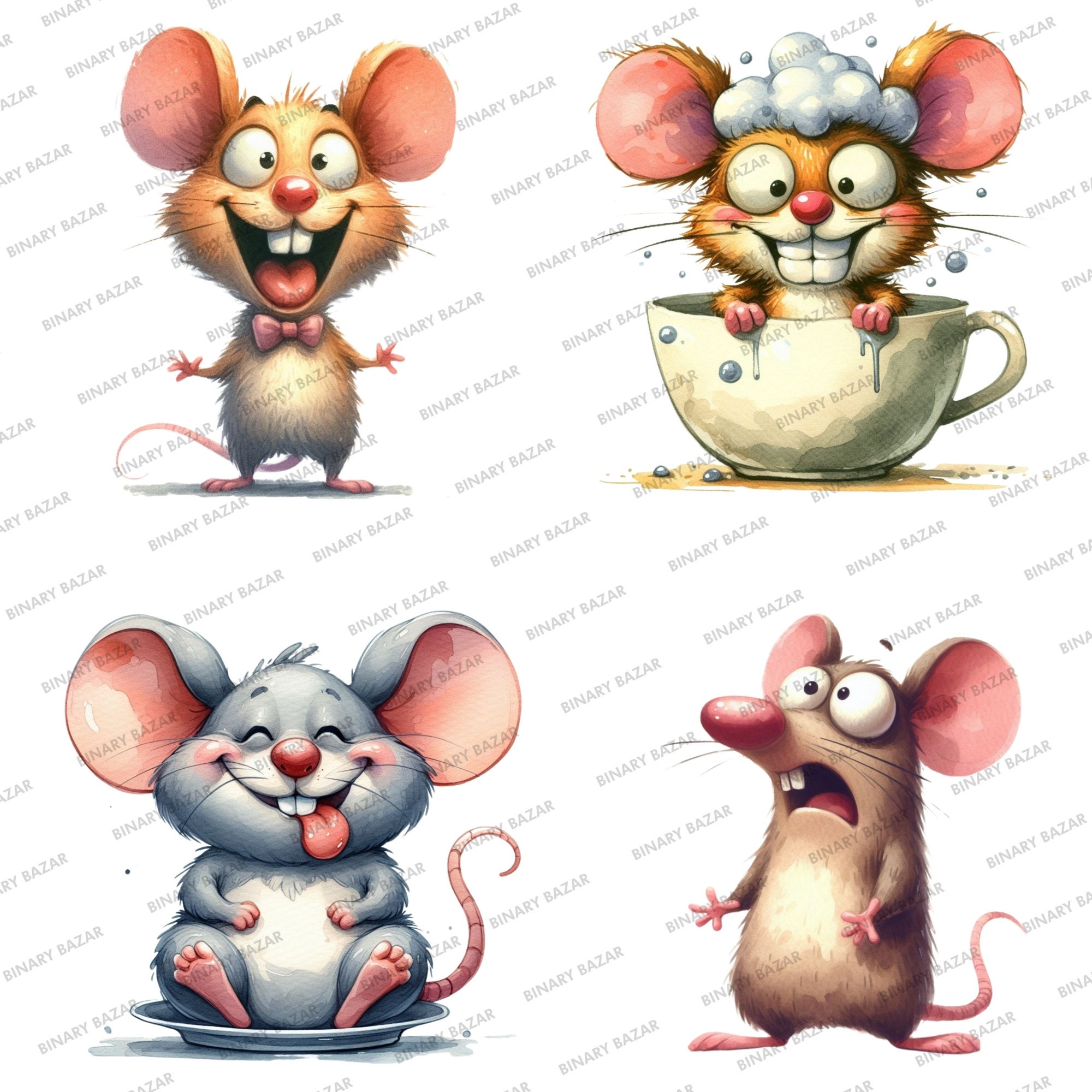 Cute and Funny Mouse Rat Clipart PNG & JPG Bundle 22 Watercolor ...