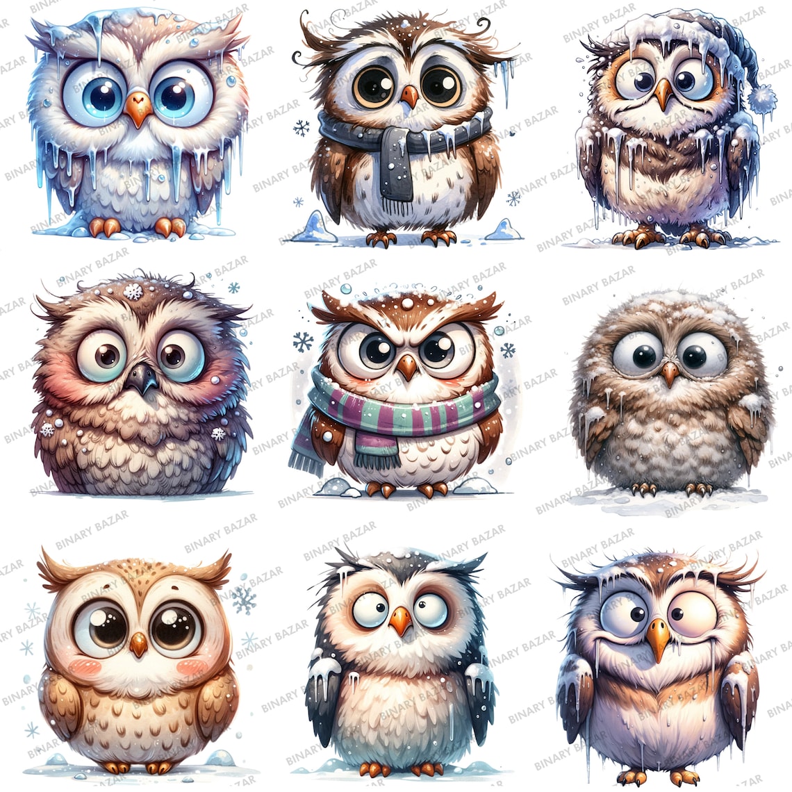 Funny and Cute Cold Owl Clipart PNG Bundle 28 Watercolor Winter Owl ...