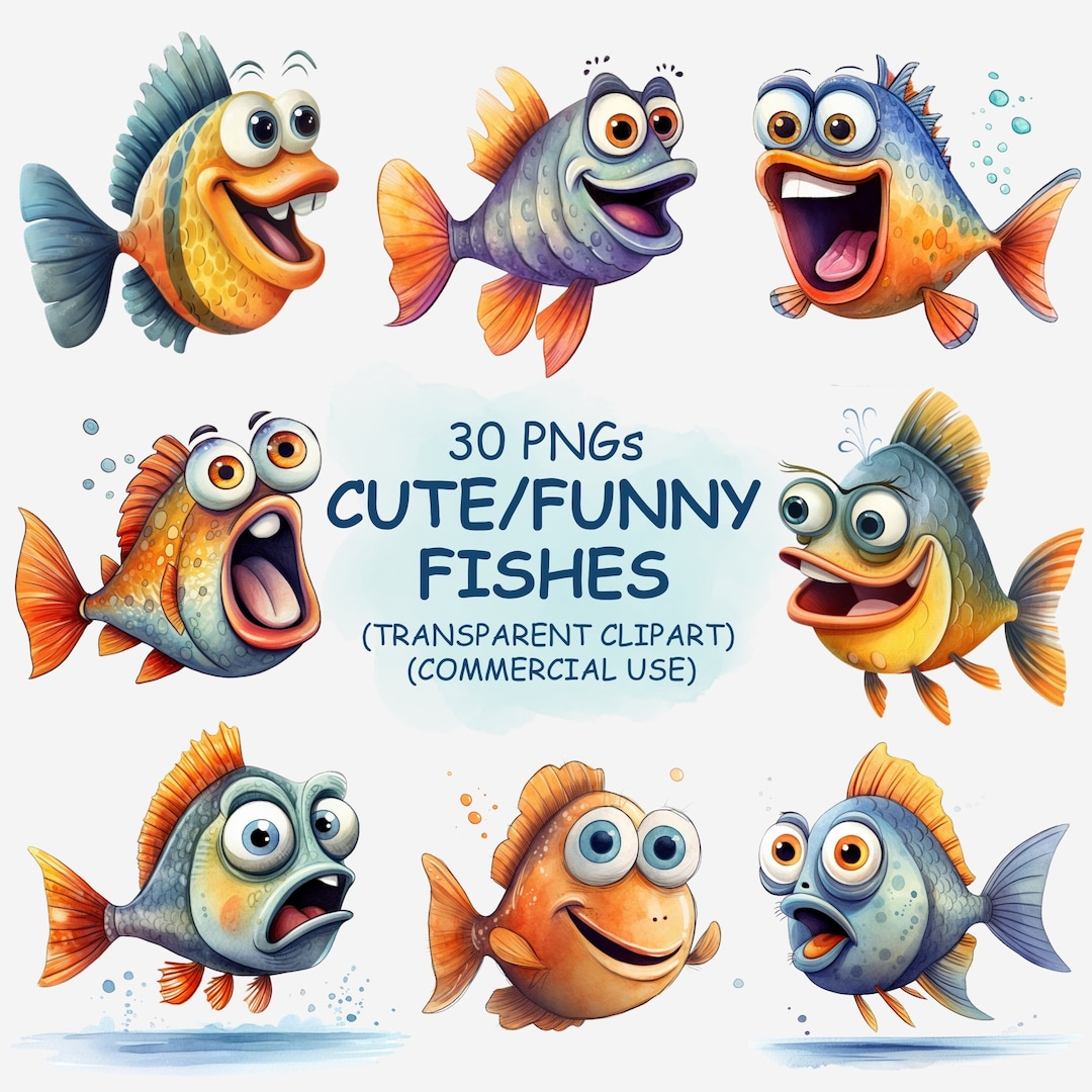 Watercolor Funny Fish Clipart: 30 PNG Ocean Animal Graphics (commercial ...
