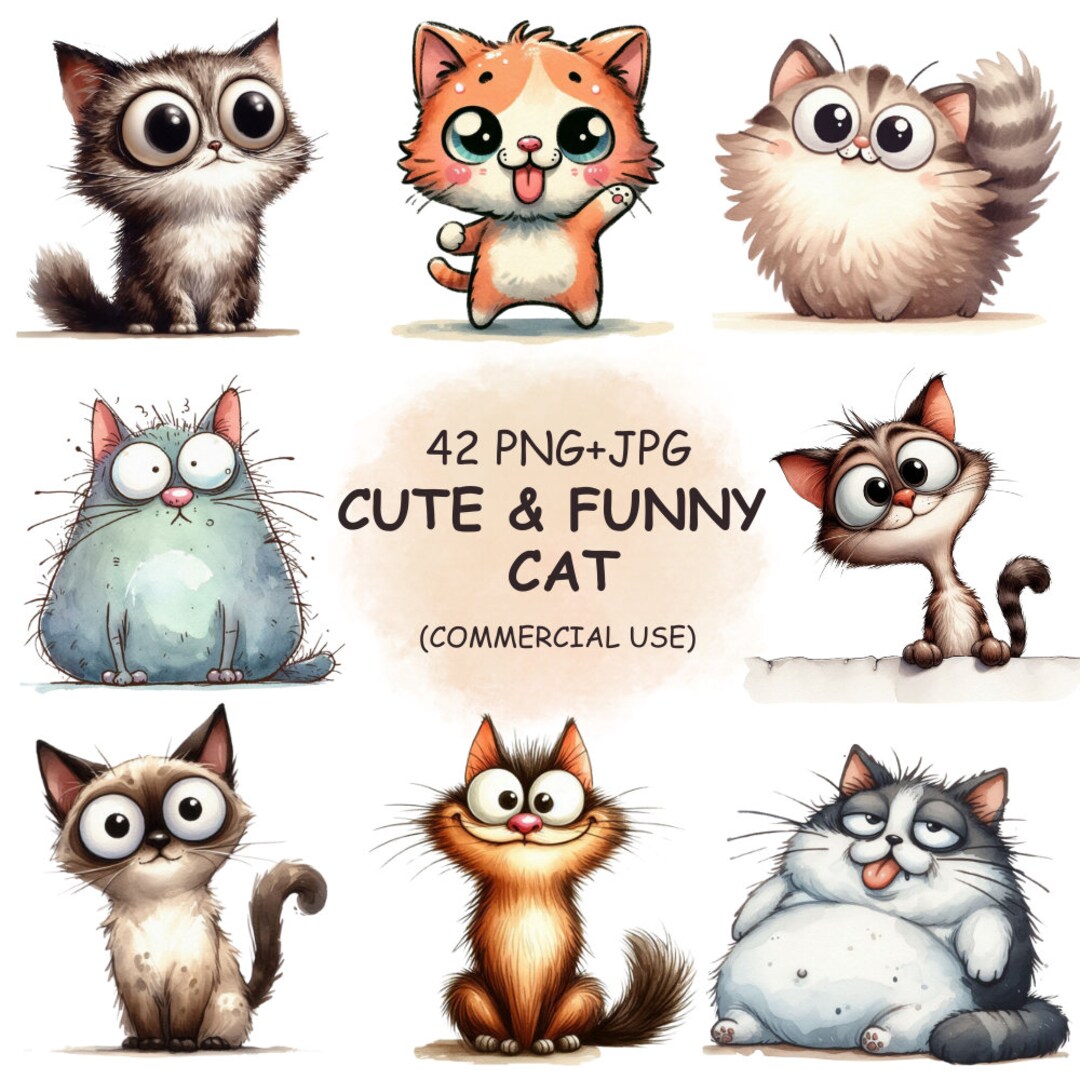 Funny and Quirky Cat Clipart PNG Bundle - 42 Watercolor Cute Animals ...
