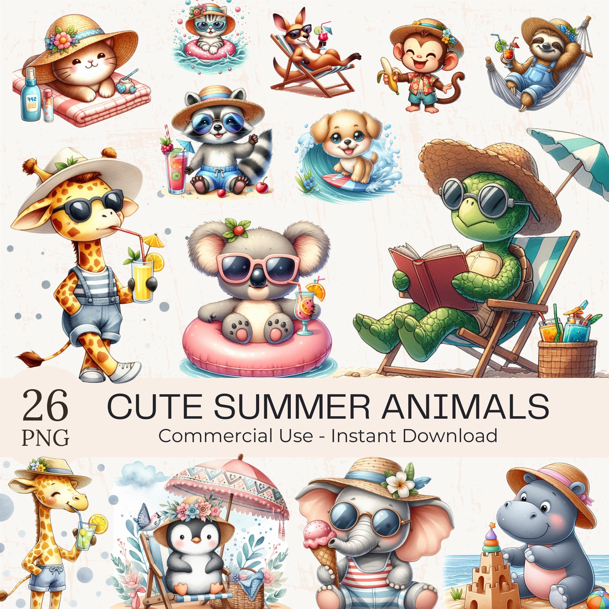 Watercolor Summer Animals Clipart – PNG Bundle, Beach Holiday (digital ...