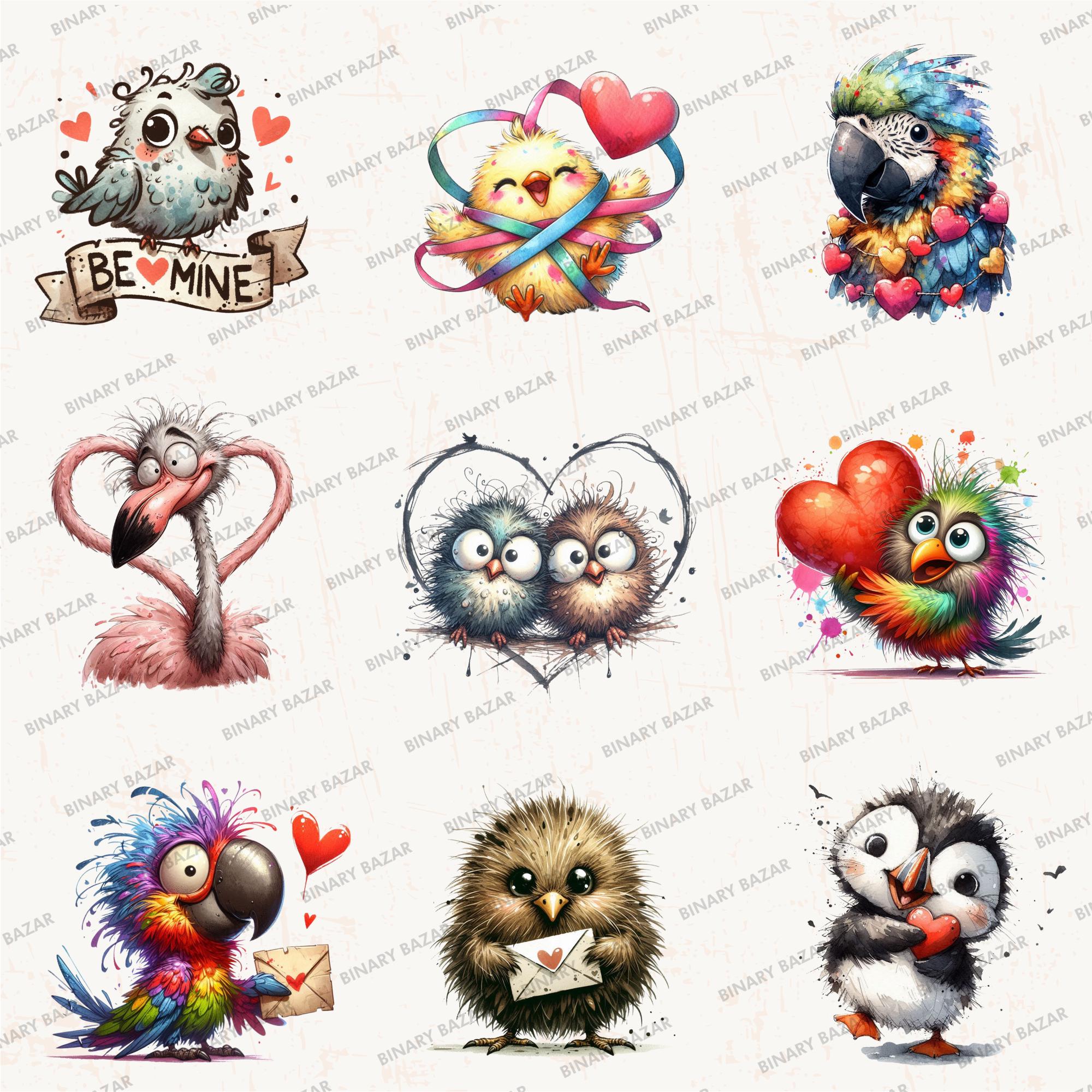 28 Valentine Birds Clipart PNG Bundle: Watercolor Whimsical Valentine ...