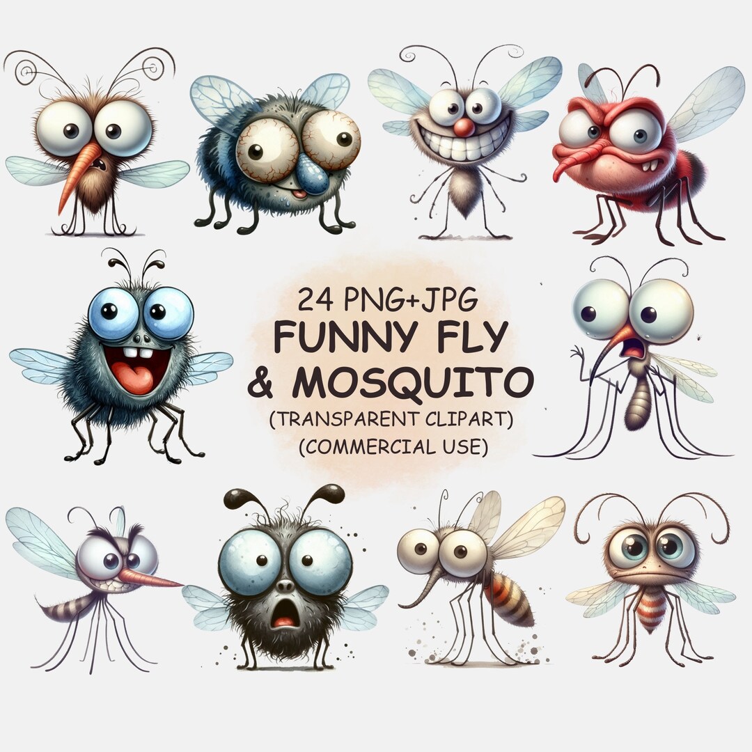 Funny & Cute Mosquito and Fly Insect Clipart PNG + JPG Bundle - 24 ...