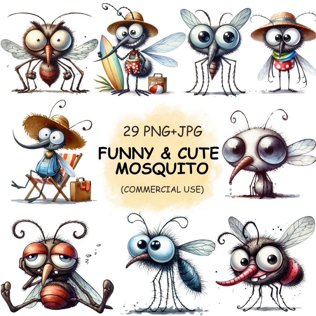 Watercolor Funny Mosquito Clipart: 29 PNG Insect Graphics (digital ...
