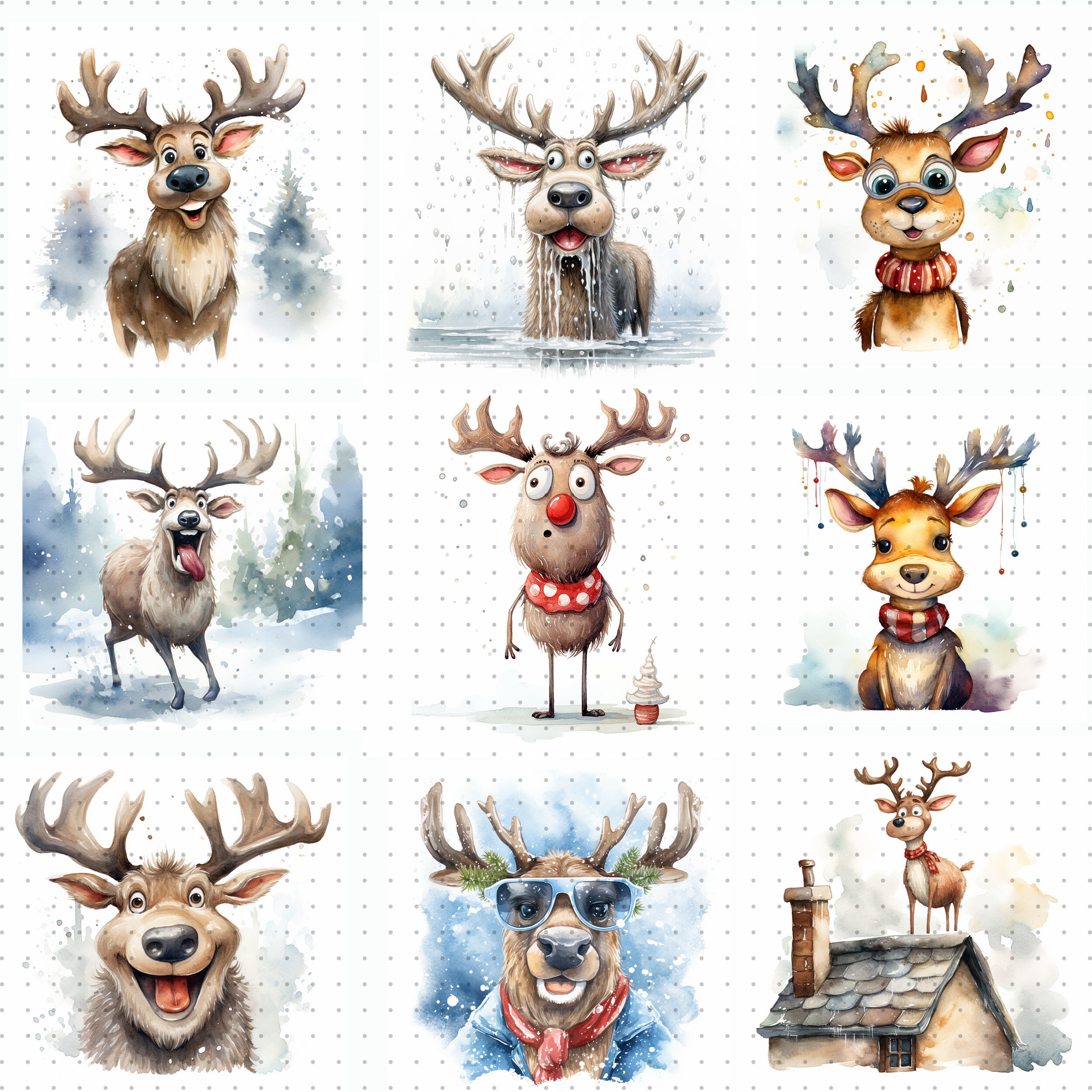 24 Funny and Cute Christmas Reindeer PNG Clipart Bundle Watercolor ...