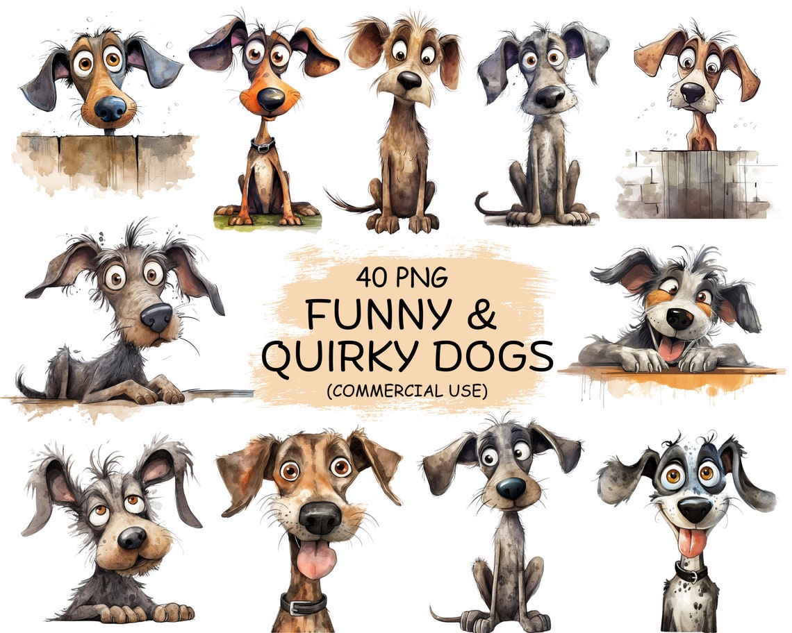 40 Funny and Cute Dog Clipart PNG Bundle Watercolor Quirky Dogs Puppy ...