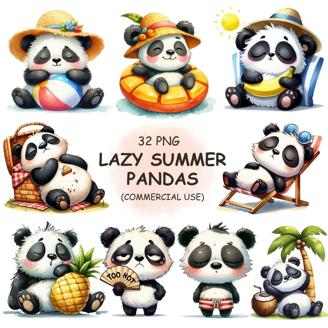 Cute Funny Lazy Summer Panda Clipart PNG Bundle - 32 Watercolor Sleepy ...
