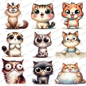 Funny and Quirky Cat Clipart PNG Bundle - 42 Watercolor Cute Animals ...