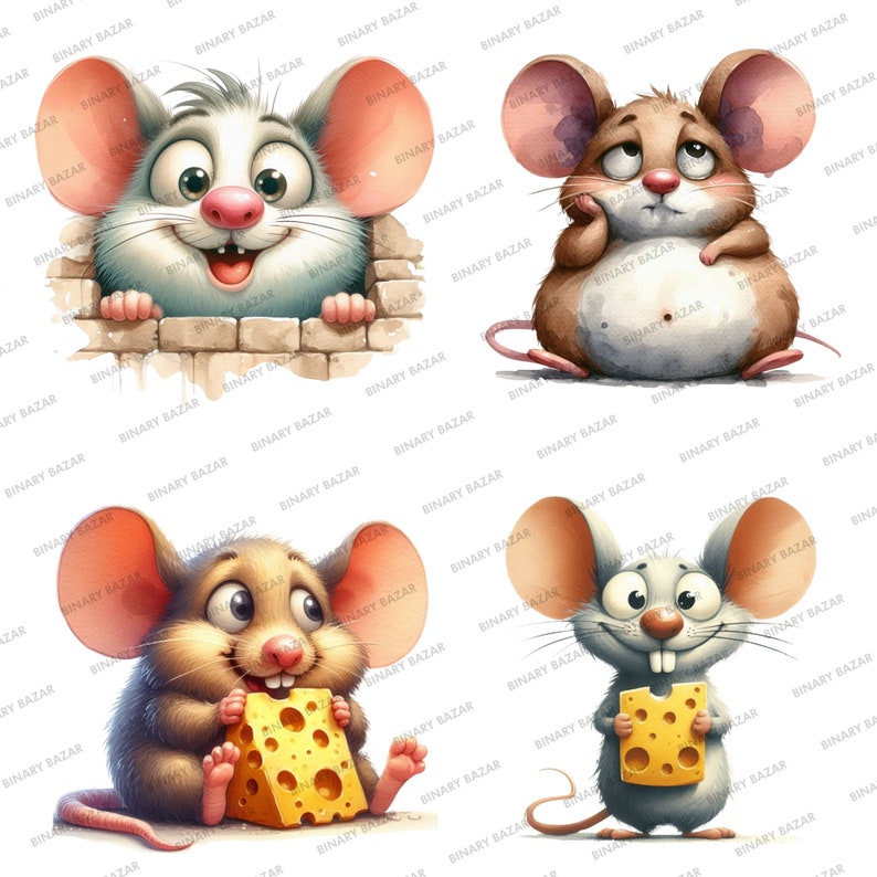 Cute and Funny Mouse Rat Clipart PNG & JPG Bundle 22 Watercolor ...