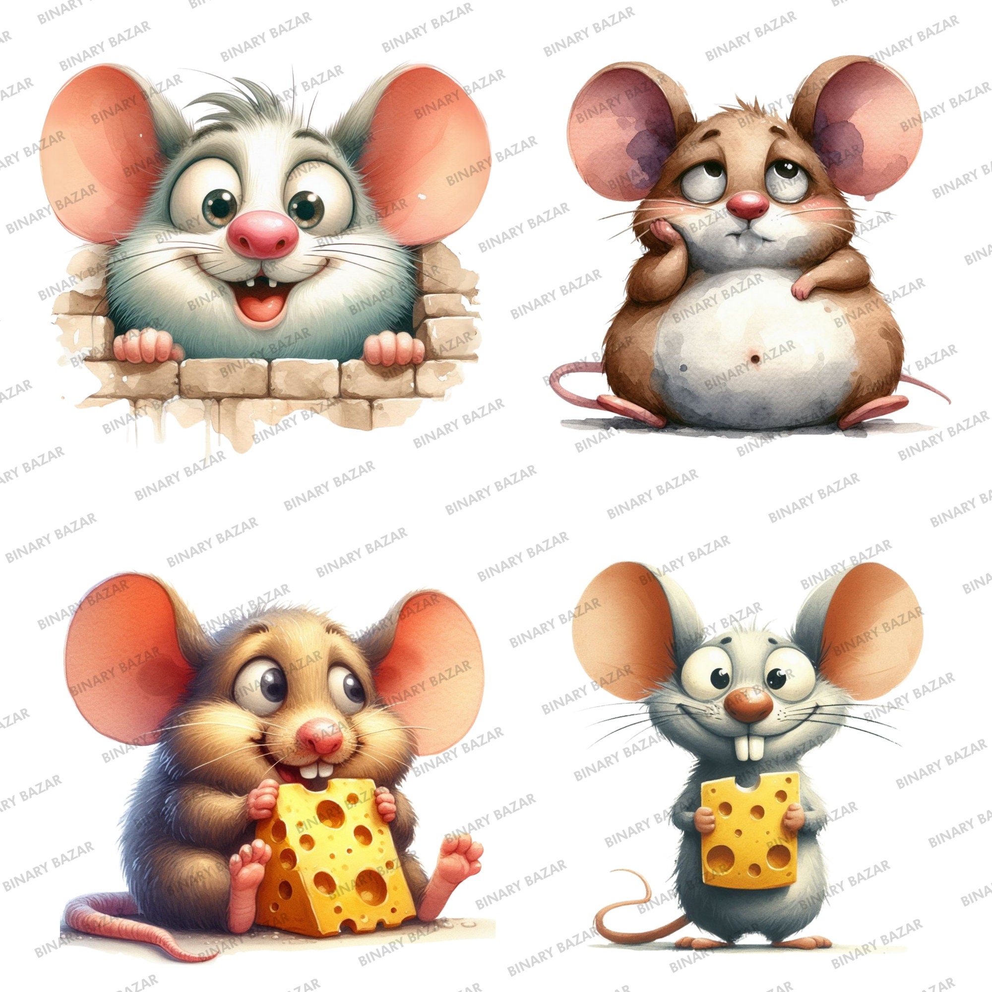Cute and Funny Mouse Rat Clipart PNG & JPG Bundle 22 Watercolor ...