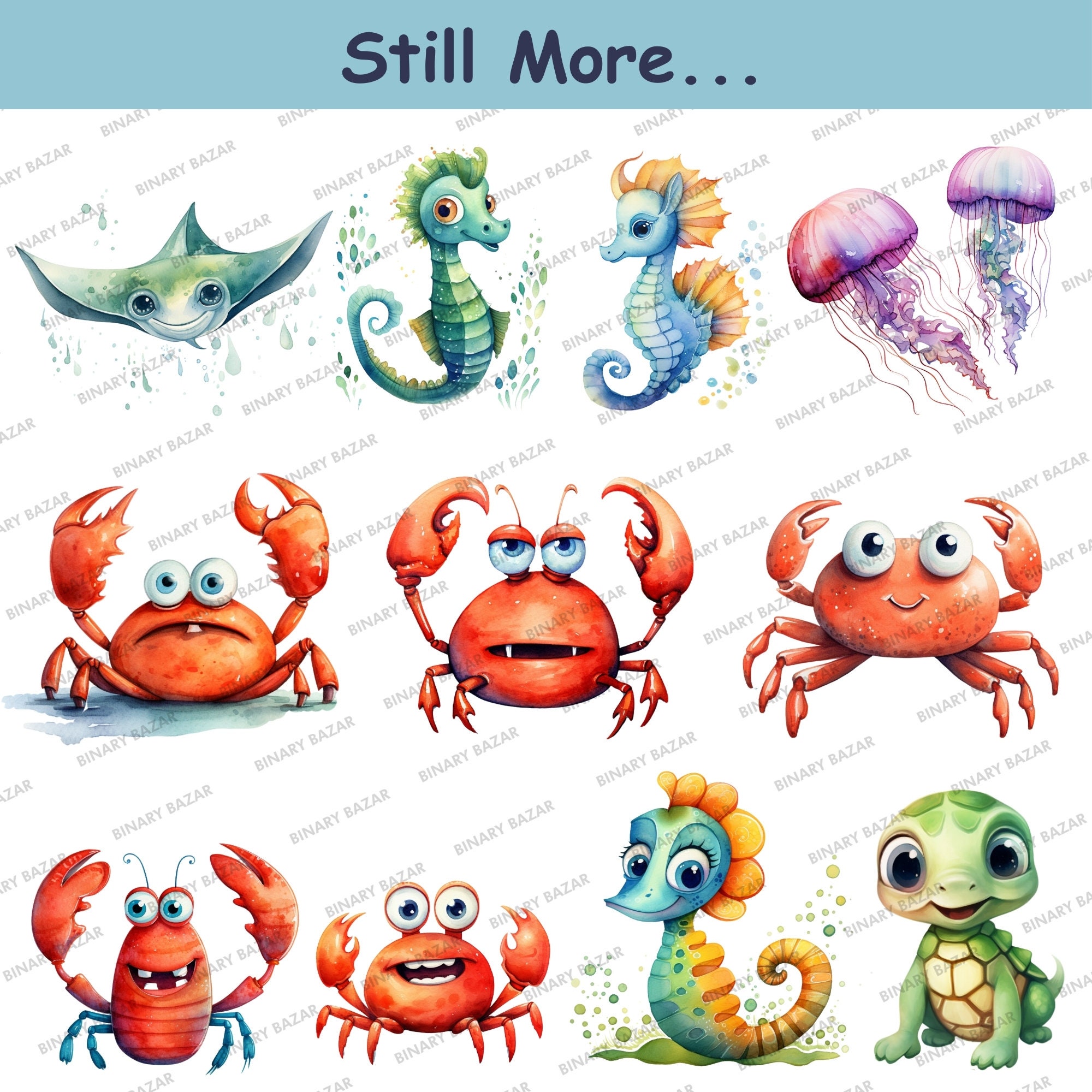 200 Cute & Funny Sea Life World and Ocean Animals Clipart PNG Bundle ...