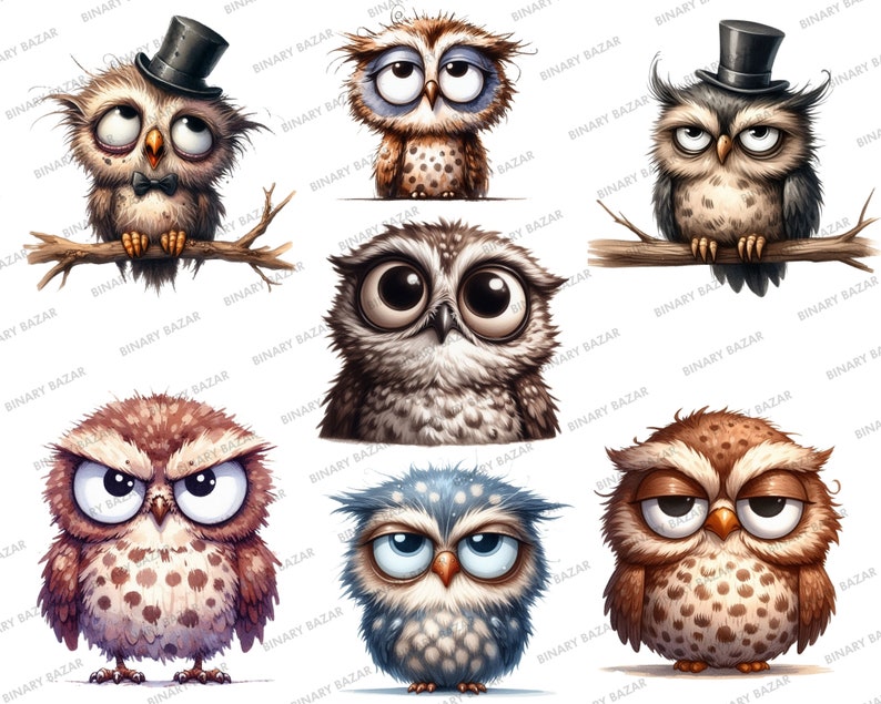 Watercolor Owl Clipart Bundle: 32 Funny Quirky Bird PNG JPG (commercial ...