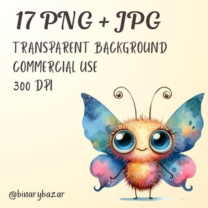 Funny & Cute Butterfly Insect Clipart PNG + JPG Bundle - 17 Watercolor ...