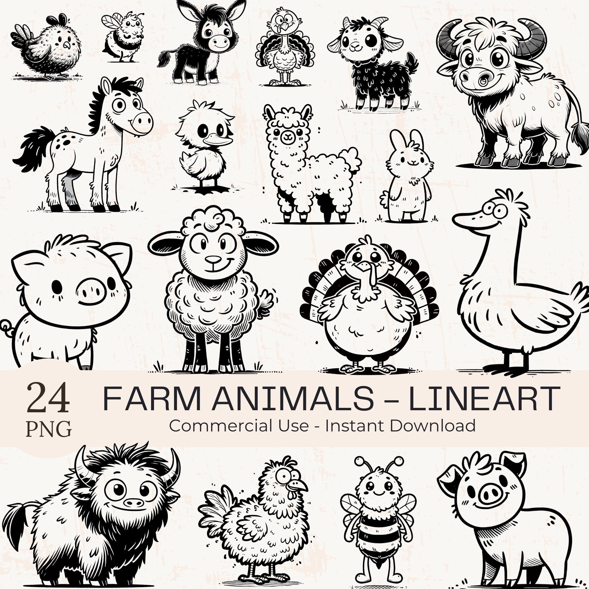 24 Farm Animals Black White Clipart: Line Art Doodle Drawing Cartoon ...