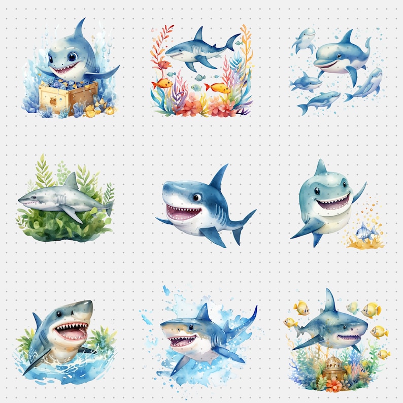 25 Cute Baby Shark PNG Clipart Bundle Watercolor Adorable Kawaii Sea ...