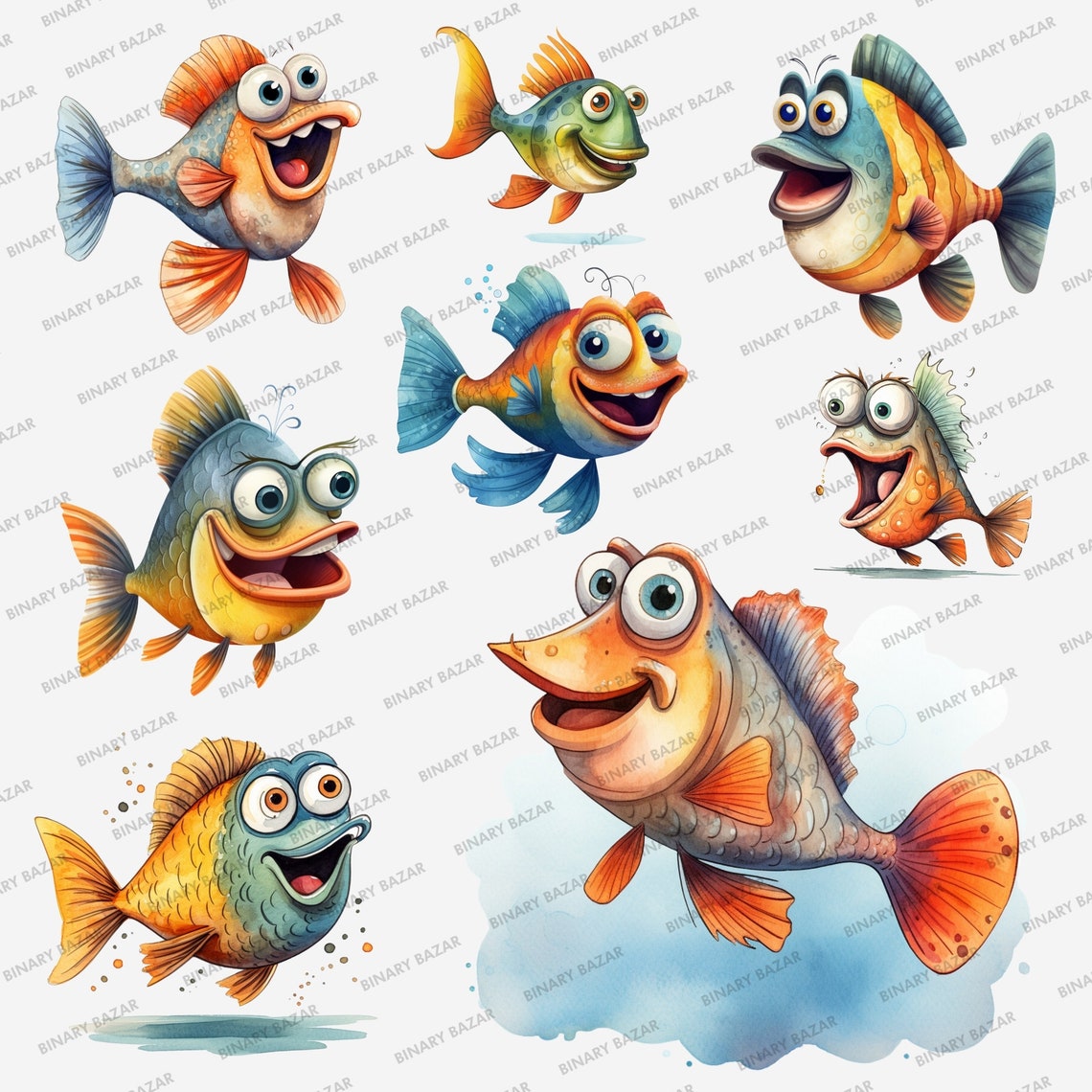 Watercolor Funny Fish Clipart: 30 PNG Ocean Animal Graphics (commercial ...