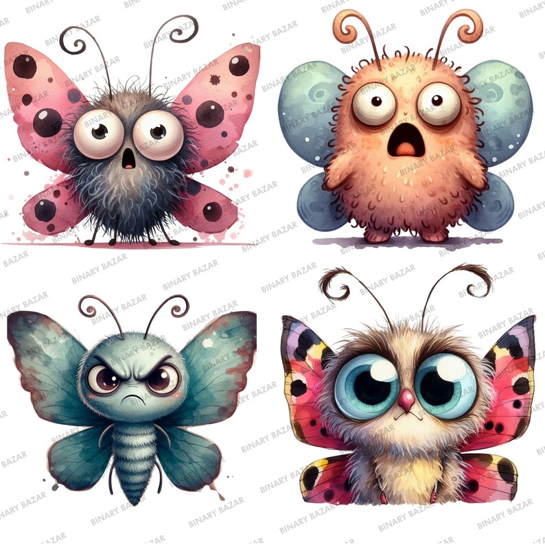 Funny & Cute Butterfly Insect Clipart PNG JPG Bundle 17 Watercolor ...