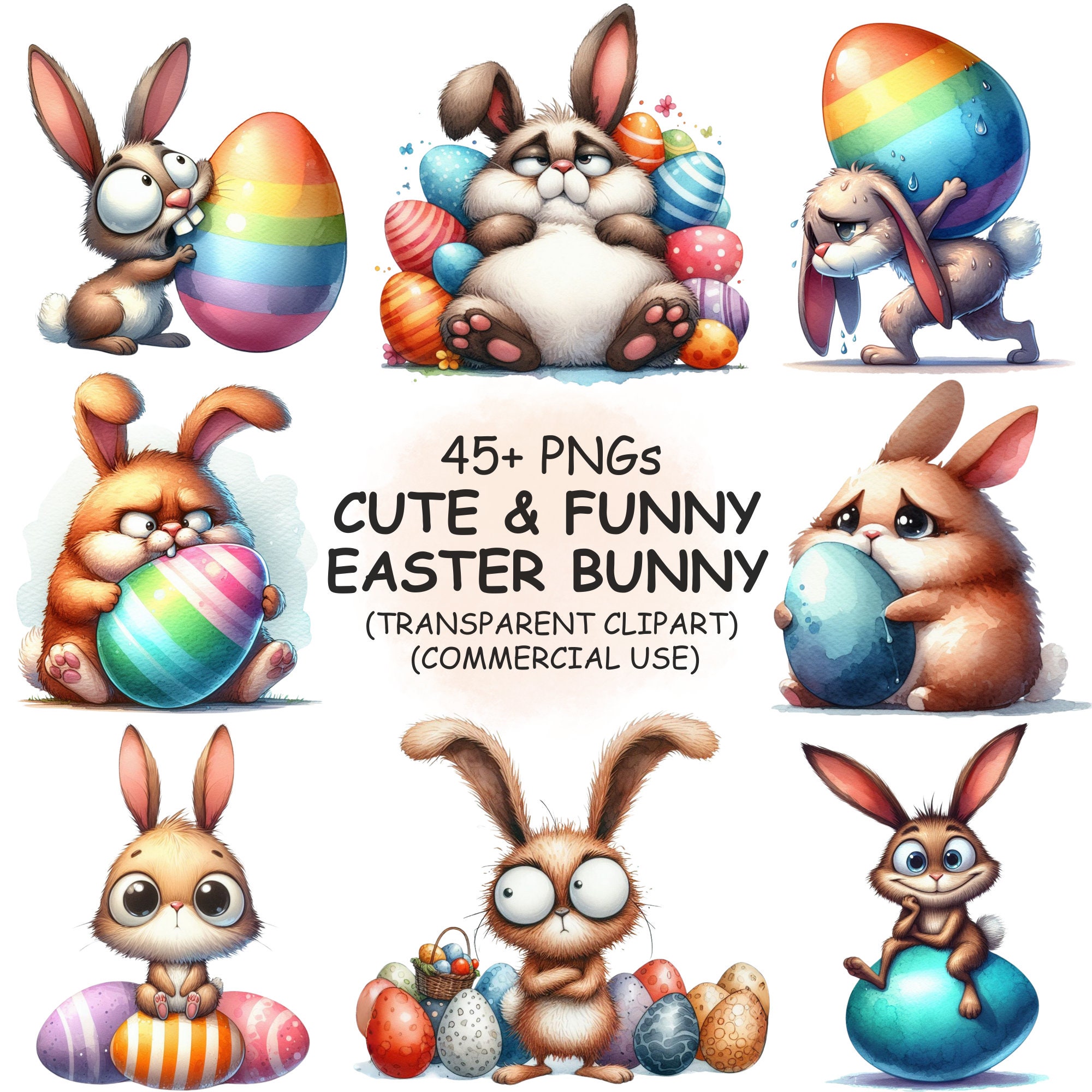 Cute & Funny Easter Bunny With Egg Clipart PNG Bundle 45 Watercolor ...
