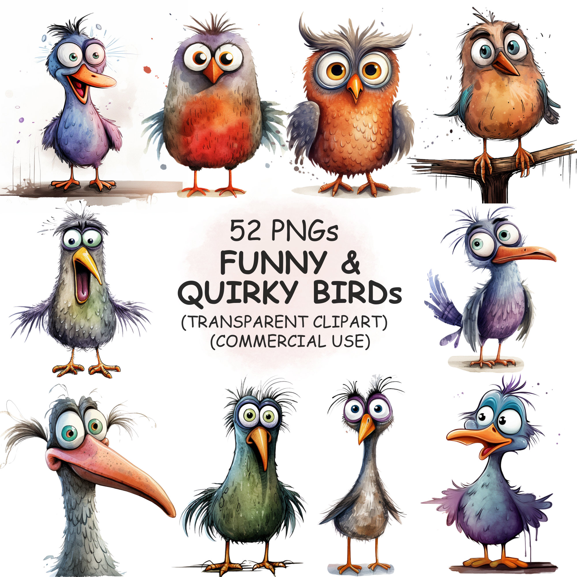 52 Funny and Quirky Birds Clipart PNG Bundle Watercolor Cute Bird Clip ...