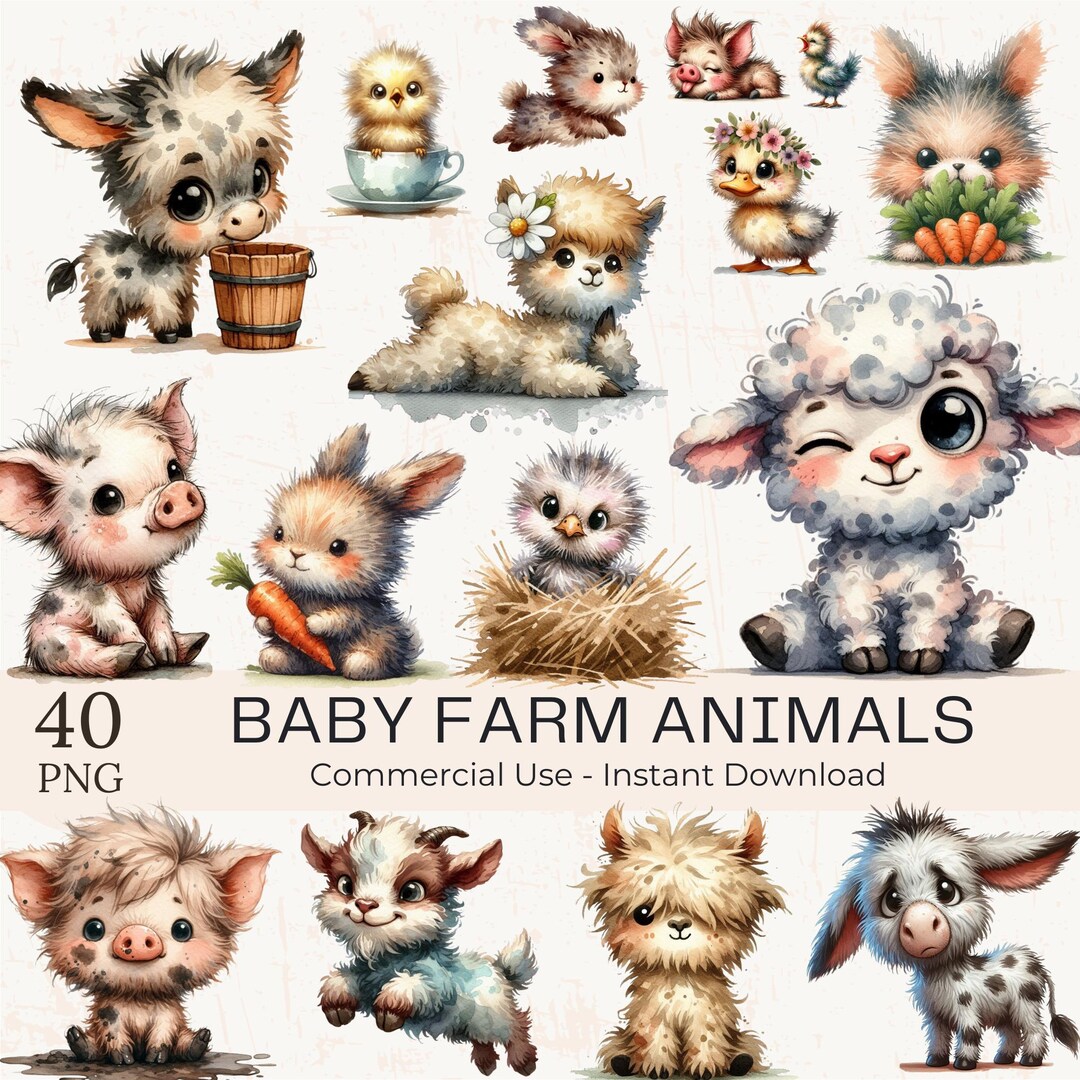 40 Baby Farm Animals Clipart PNG: Watercolor Cute Farmyard Bundle for ...