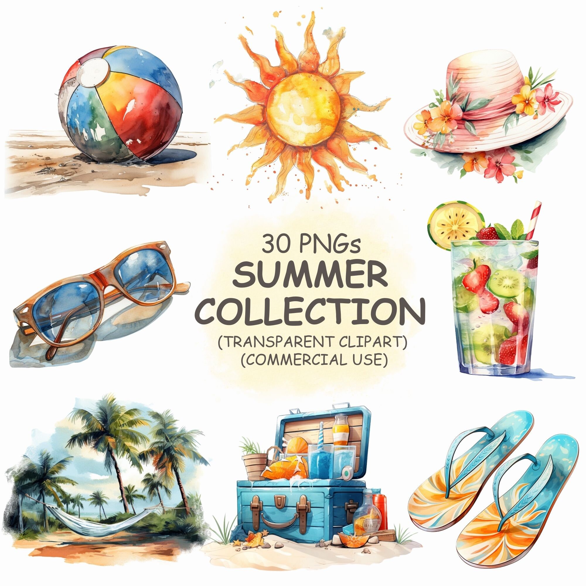 Summer Season Collection Clipart PNG Bundle 30 Watercolor Hot Sunny Day ...