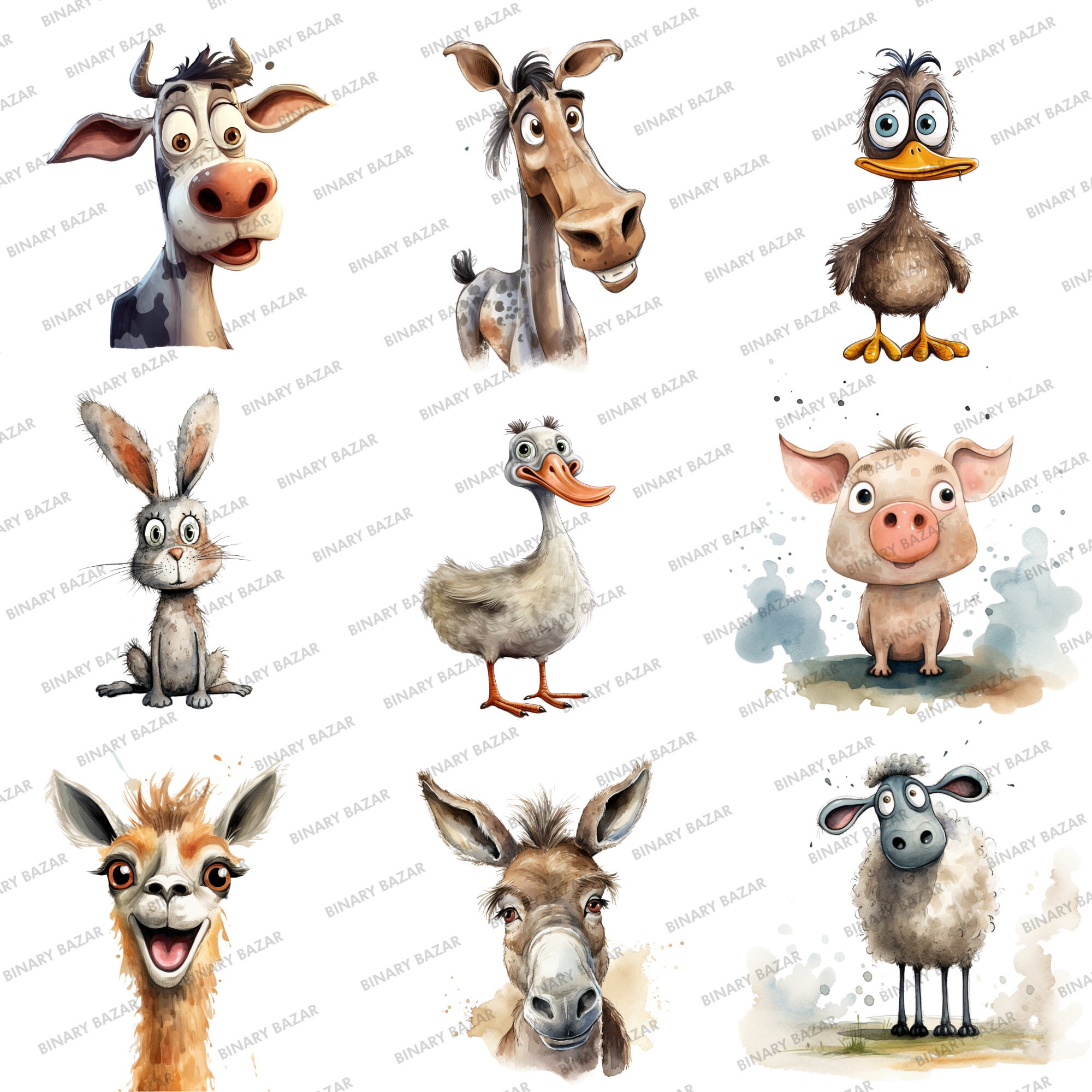 100+ Funny Farm Animals Clipart PNG Bundle: Watercolor Quirky ...