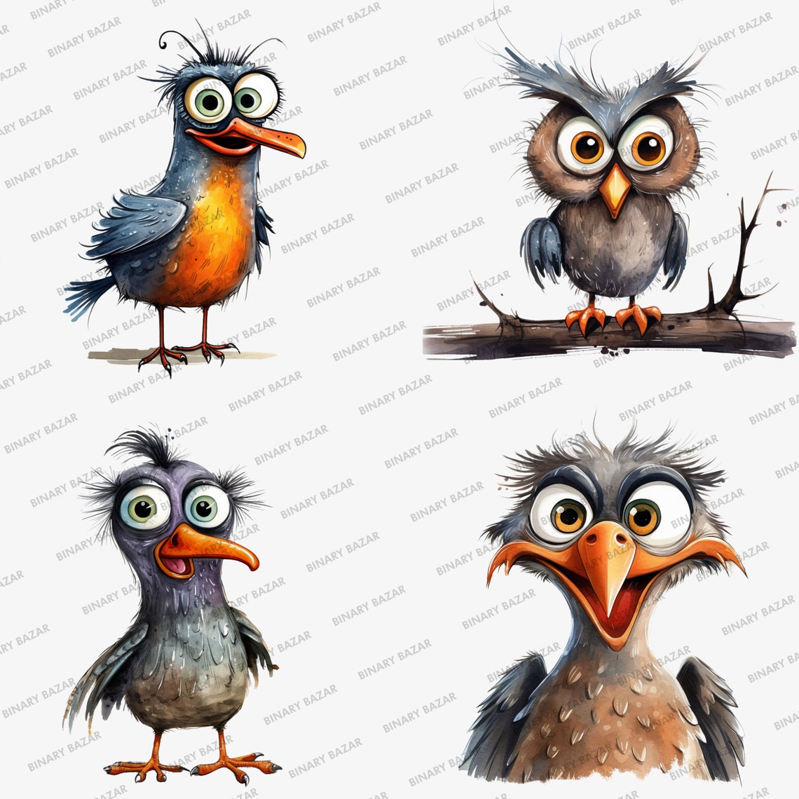 52 Funny and Quirky Birds Clipart PNG Bundle Watercolor Cute Bird Clip ...