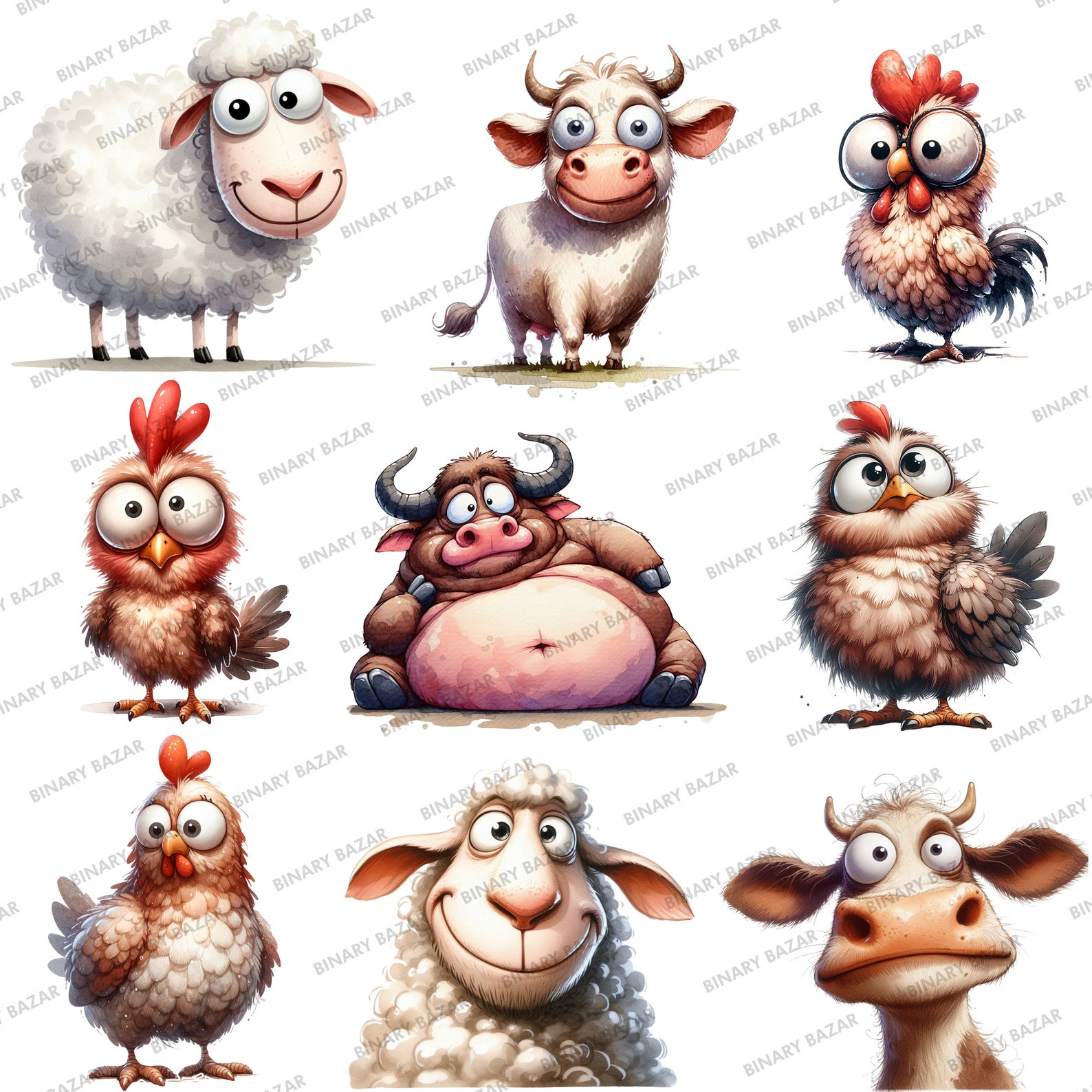 100+ Cute and Funny Farm Animals Clipart PNG Bundle - Watercolor Cow ...