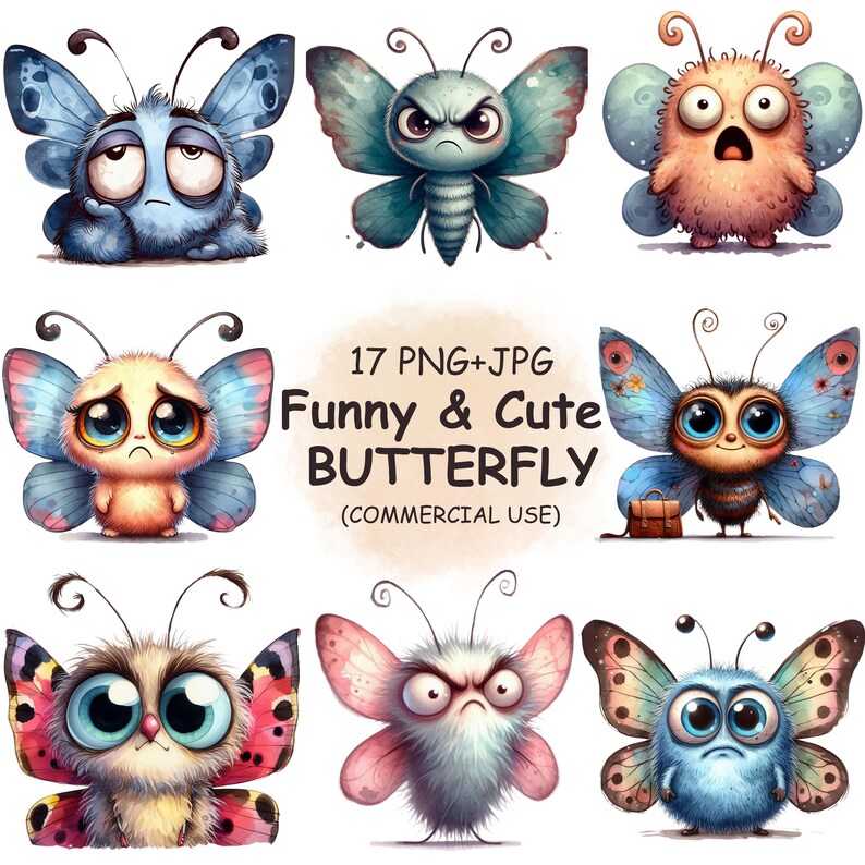 Funny & Cute Butterfly Insect Clipart PNG JPG Bundle 17 Watercolor ...