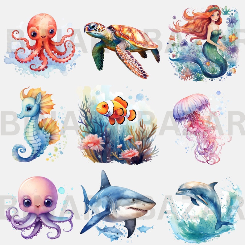 Cute Sea Animals Clipart- Ocean Clipart, Under the Sea Life PNG ...
