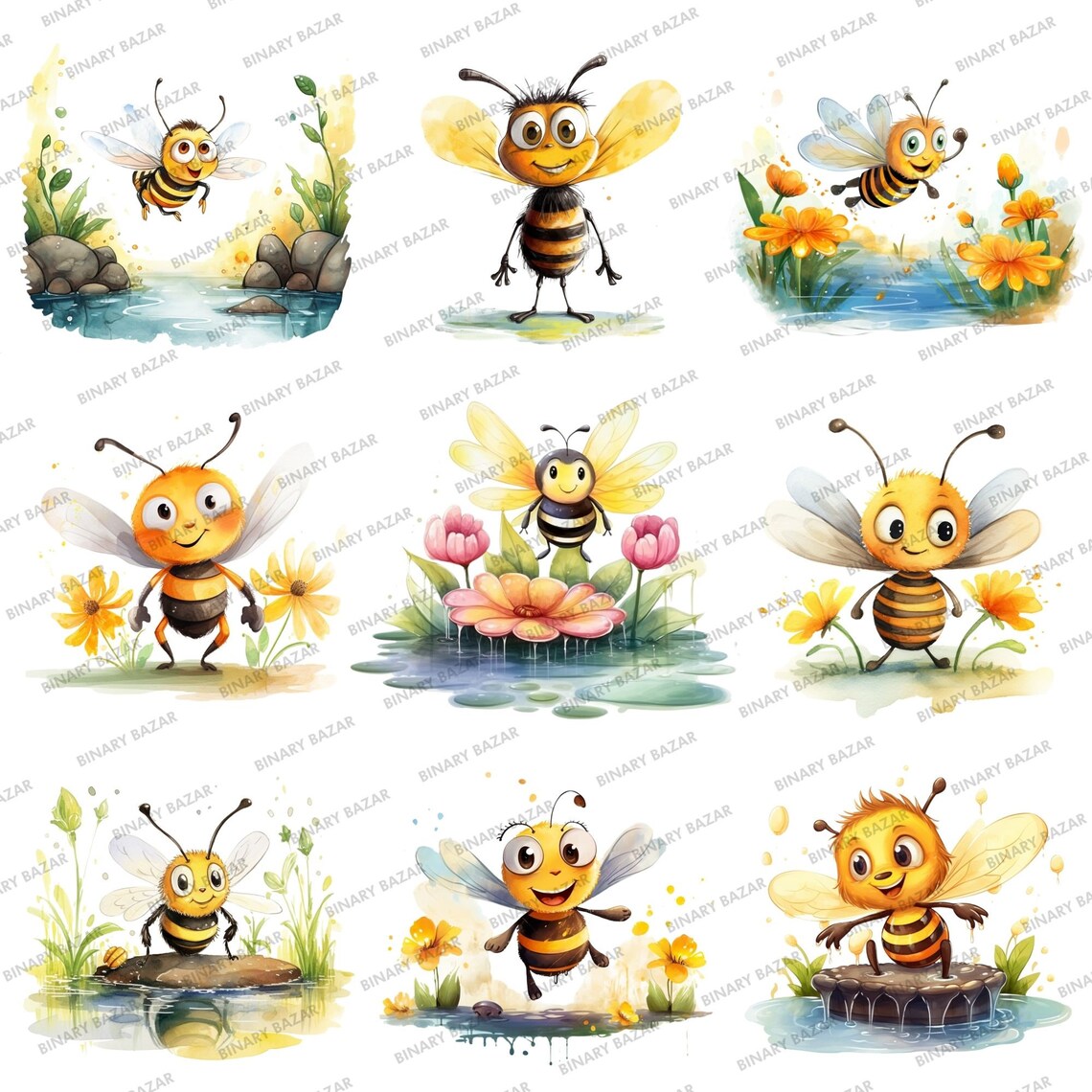 Funny and Cute Cartoon Honey Bee Clipart PNG Bundle 20 Watercolor Bee ...