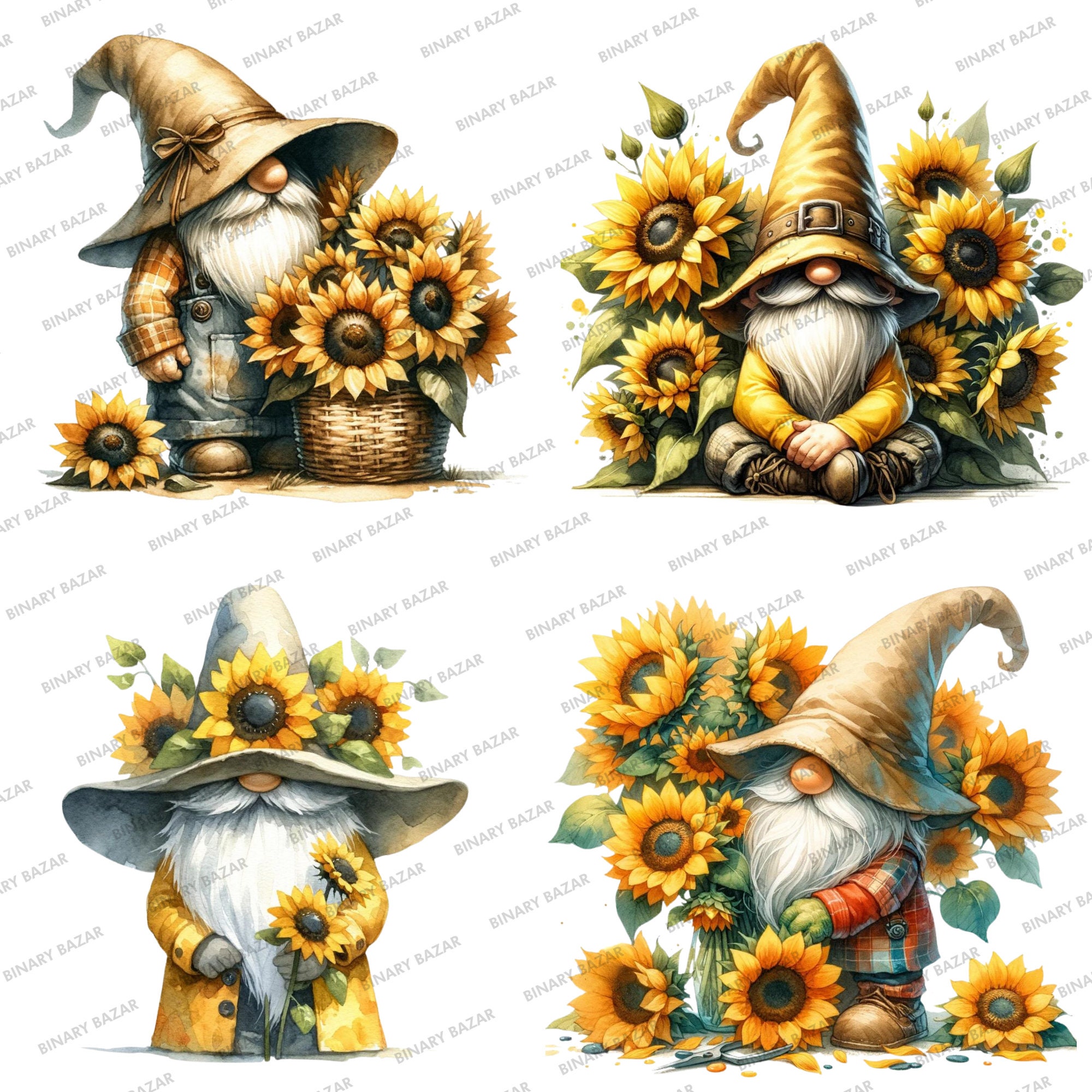 Sunflower Garden Gnome Clipart PNG Bundle 18 Watercolor Spring Gnome ...