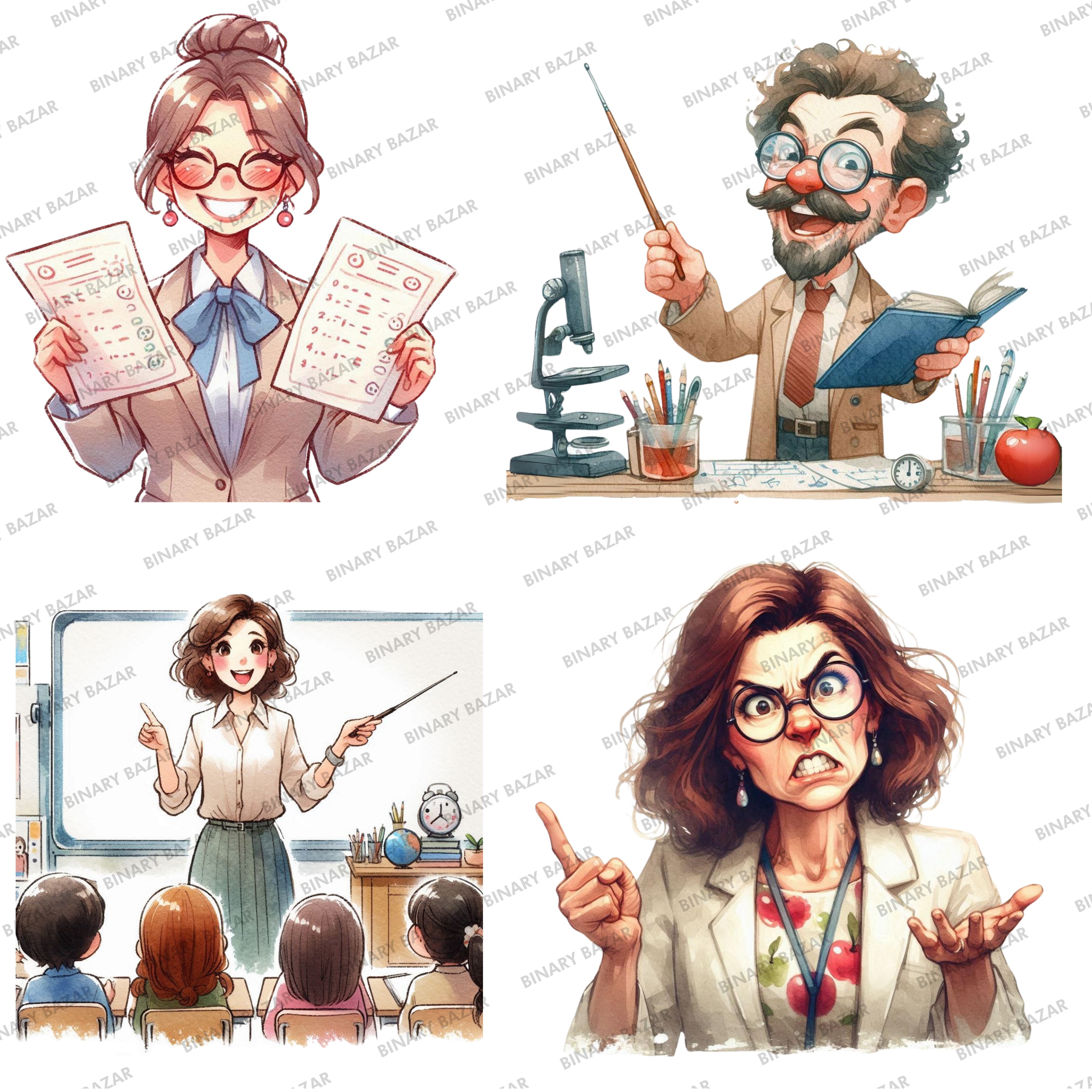 Funny Teacher Card Making Clipart PNG Bundle 17 Cute Watercolor ...